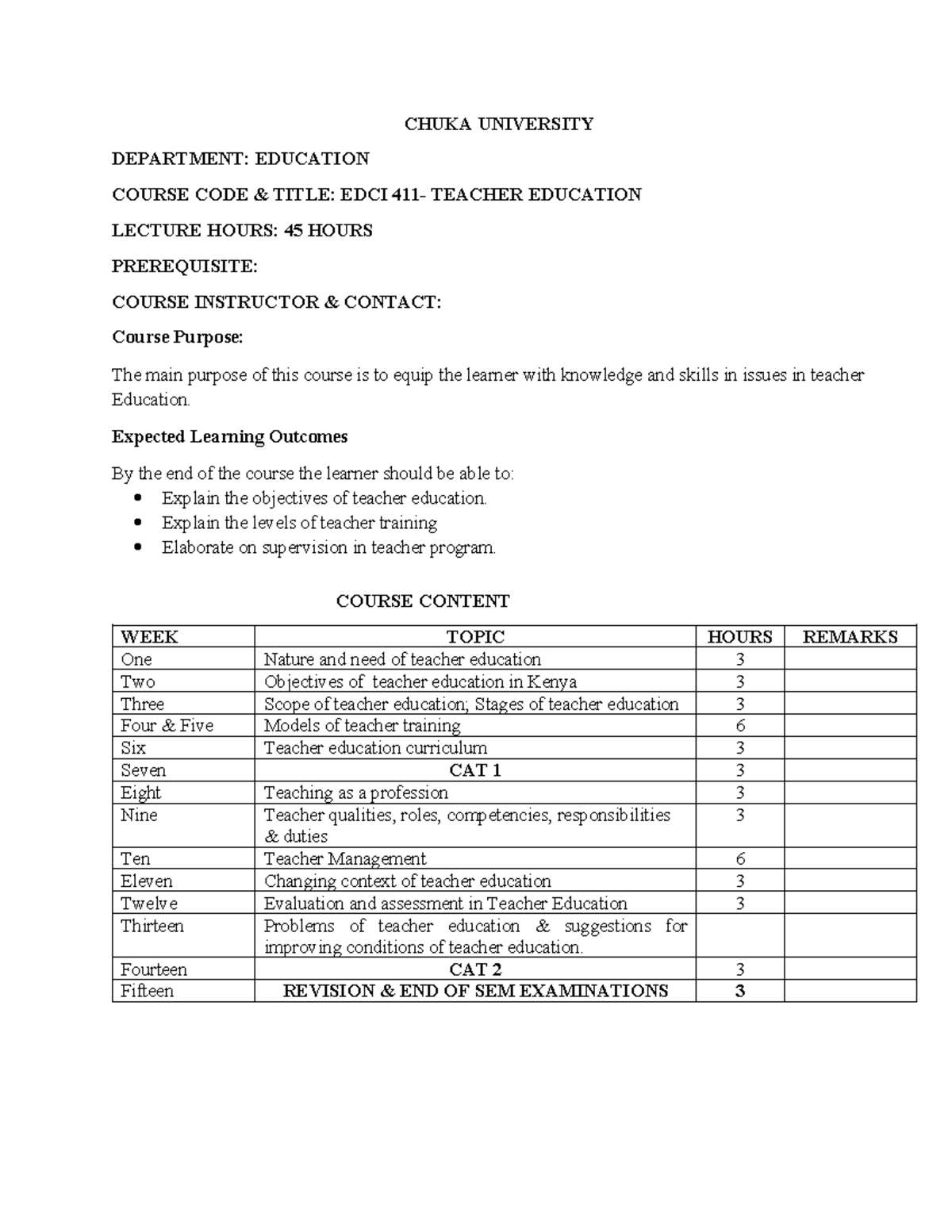 EDCI 411 Teacher Education Course Outline and Lecture Topics - Studocu
