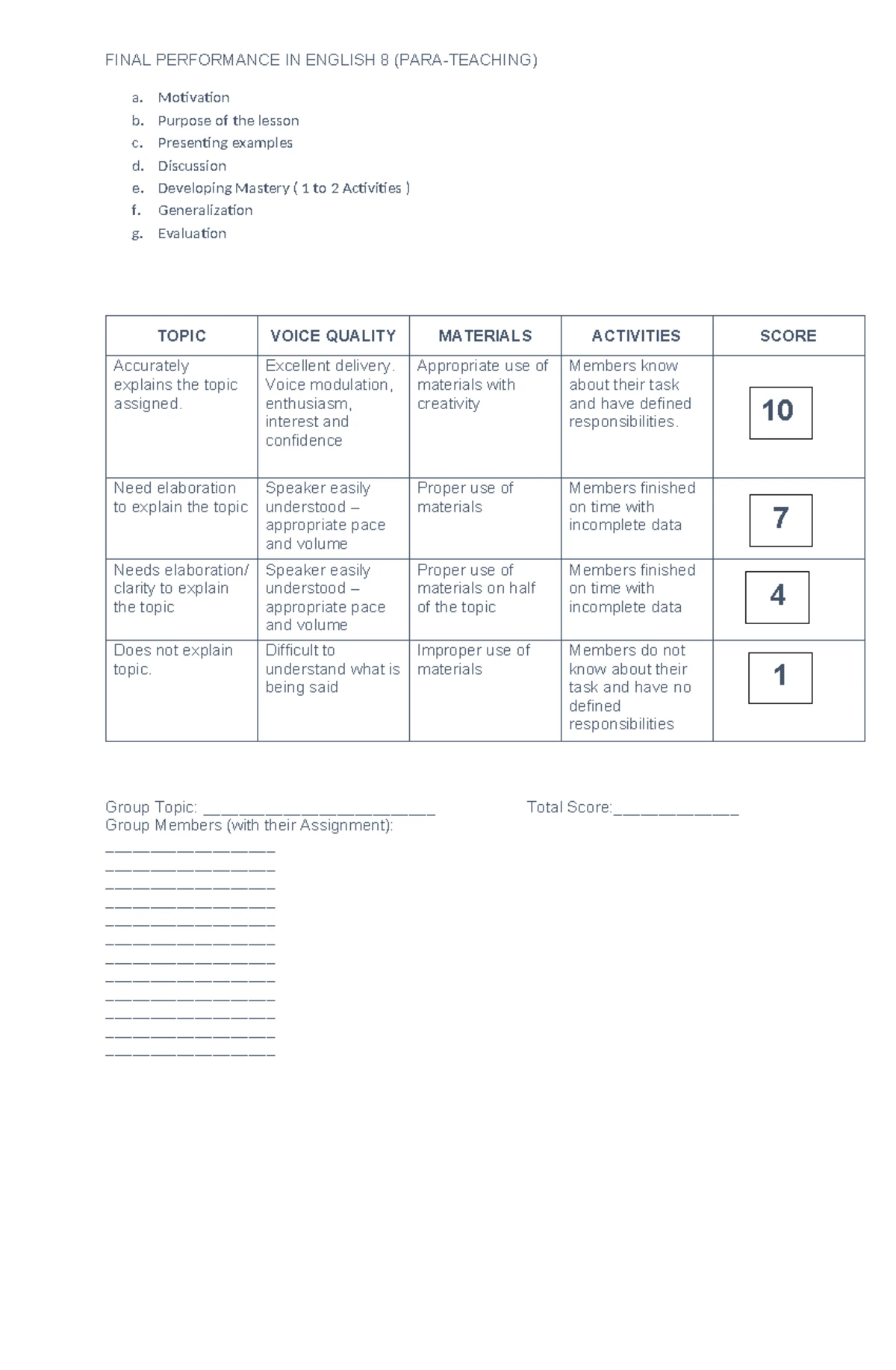 Final Performance Task in English 8: Lesson Plan & Rubrics - Studocu