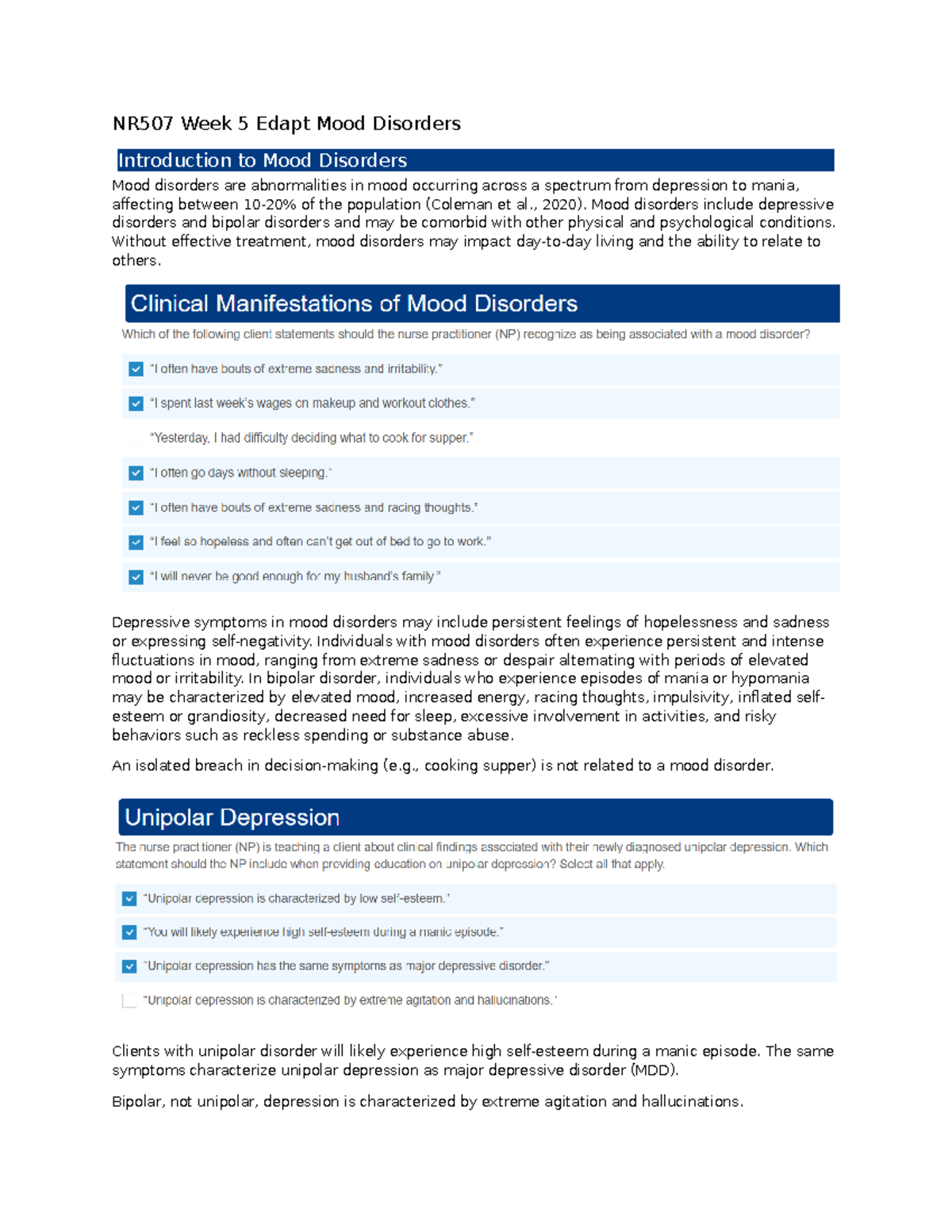 NR507 Week 5 Mood Disorders Overview and Treatment Insights - Studocu