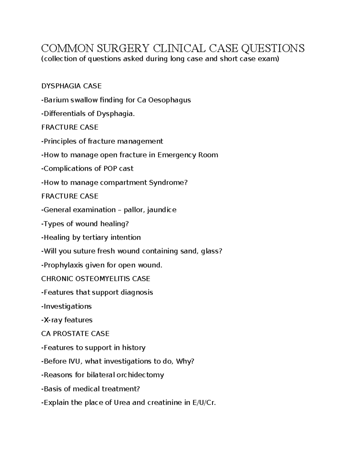 Common Surgery Clinical Case Questions Compilation for Exams - Studocu