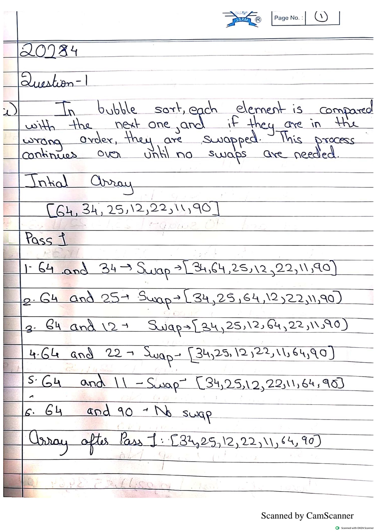 FDS endsem paper solution - R Page No. : (1) 20284 Question I w) In bubble sort, each element is ...
