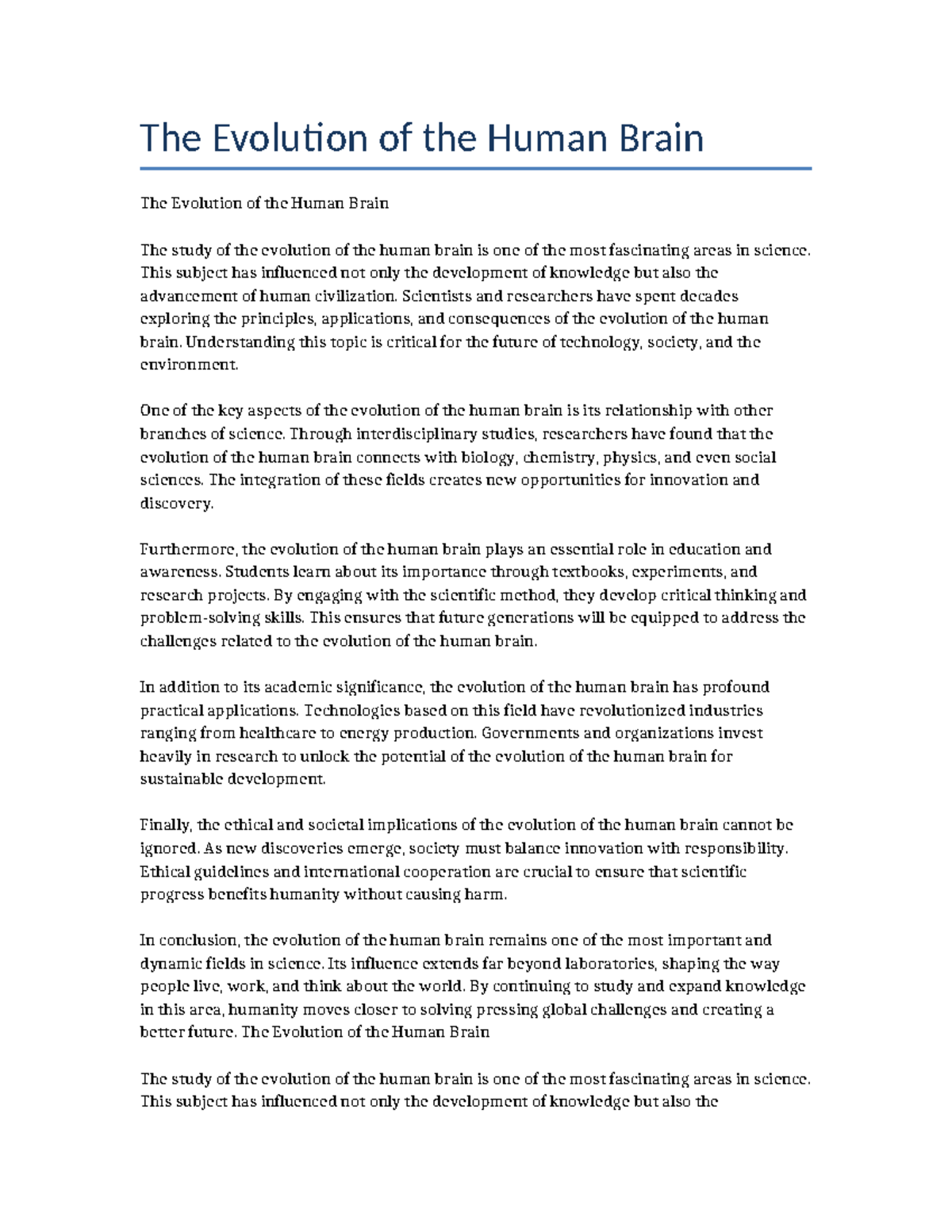 Essay 10: The Evolution of the Human Brain and Its Impact on Society ...