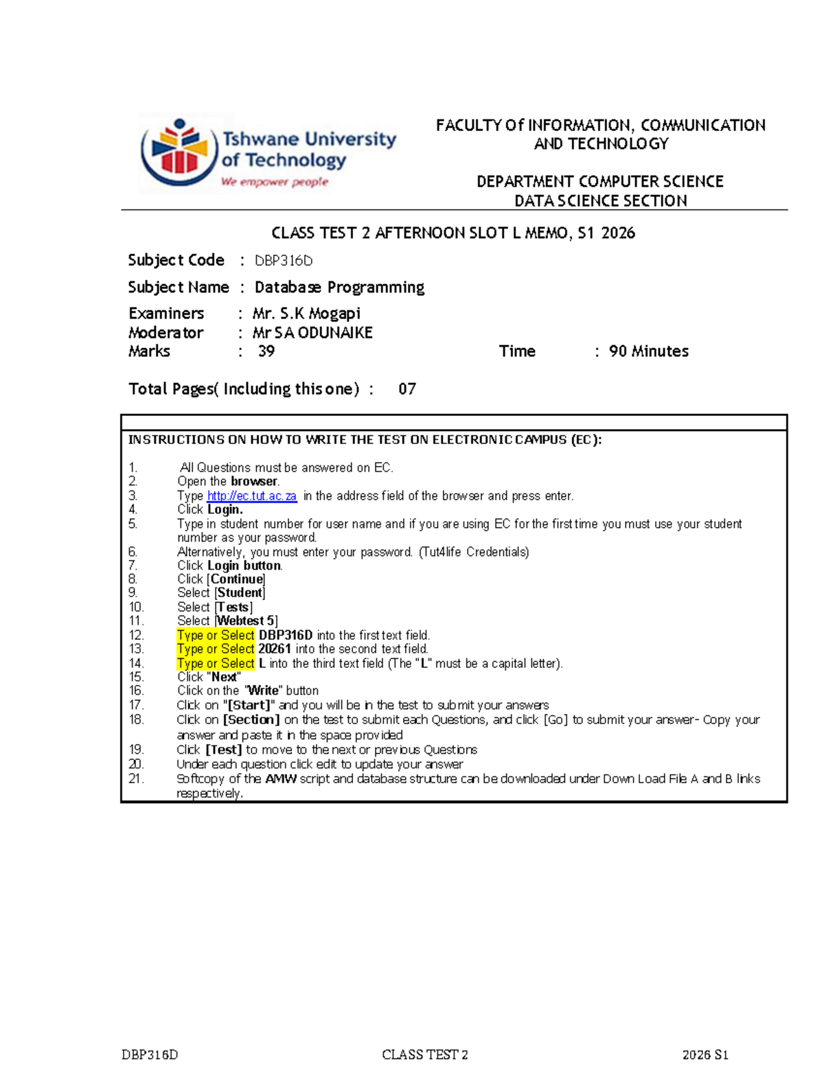 DBP316D Class Test 2 Memo - Afternoon Slot, S1 2026 - Studocu