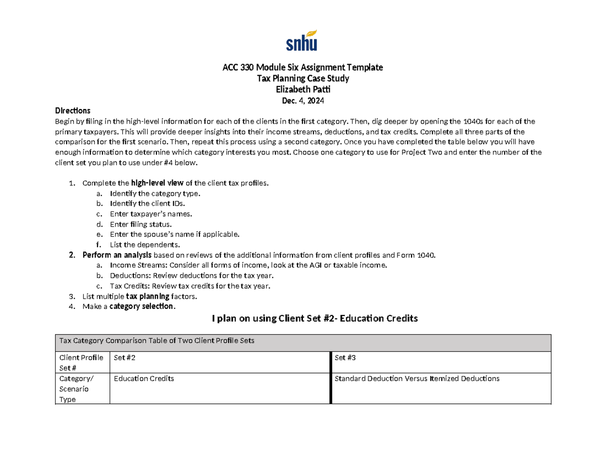 ACC 330 Tax Planning Case Study Assignment - Client Analysis EAP ...