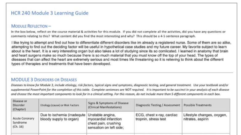 HCR 240 Module 3 Learning Guide: Disorders and Diseases Overview - Studocu