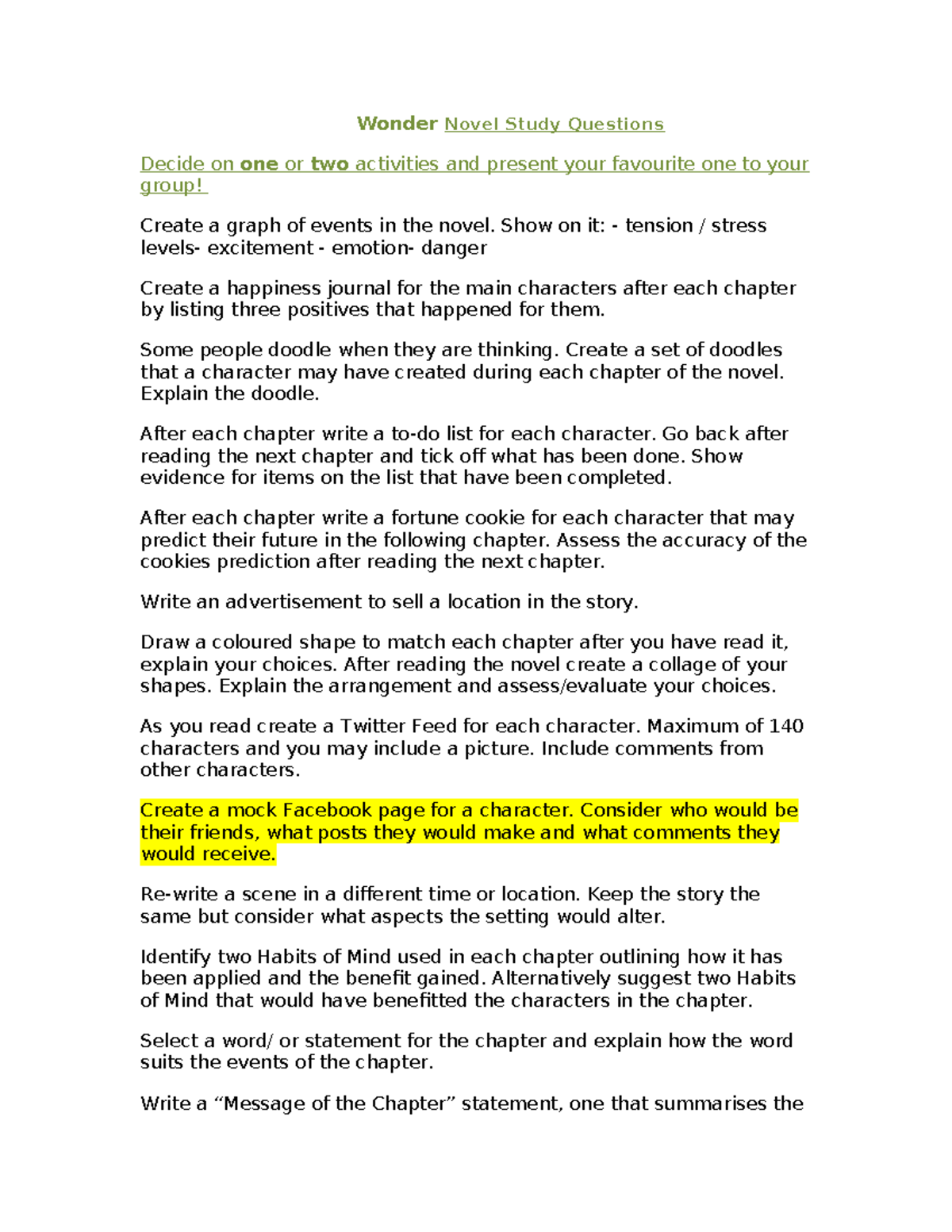 Novel Activities for 'Wonder' Study - Engaging Tasks & Questions - Studocu