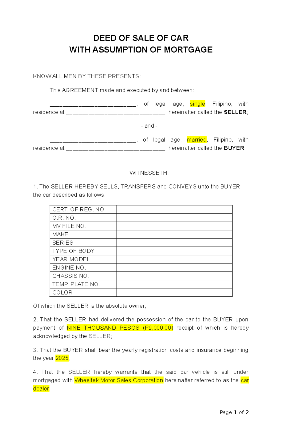 DEED OF SALE OF CAR WITH MORTGAGE ASSUMPTION AGREEMENT - Studocu