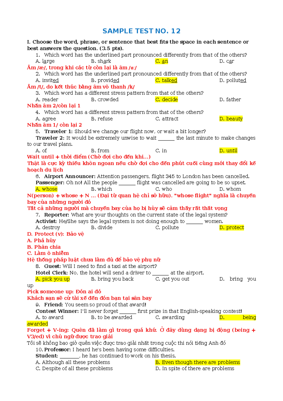 Sample Test No. 12: Vocabulary and Comprehension Exercises - Studocu