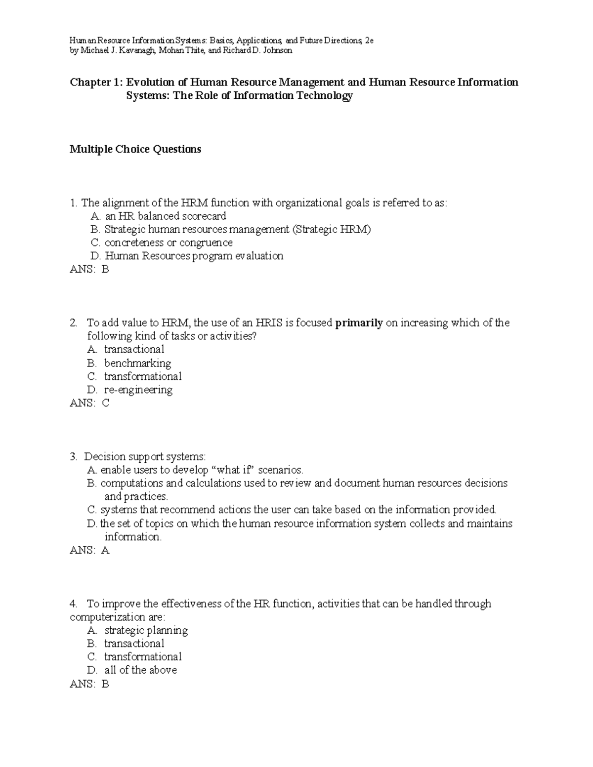 Test bank first chapter - Human Resource Information Systems: Basics ...