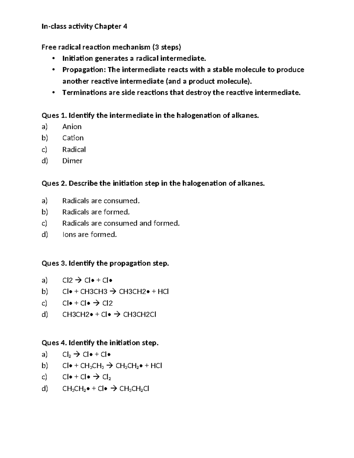 Free Radical Reaction Mechanism & Practice Questions (CHEM 101) - Studocu