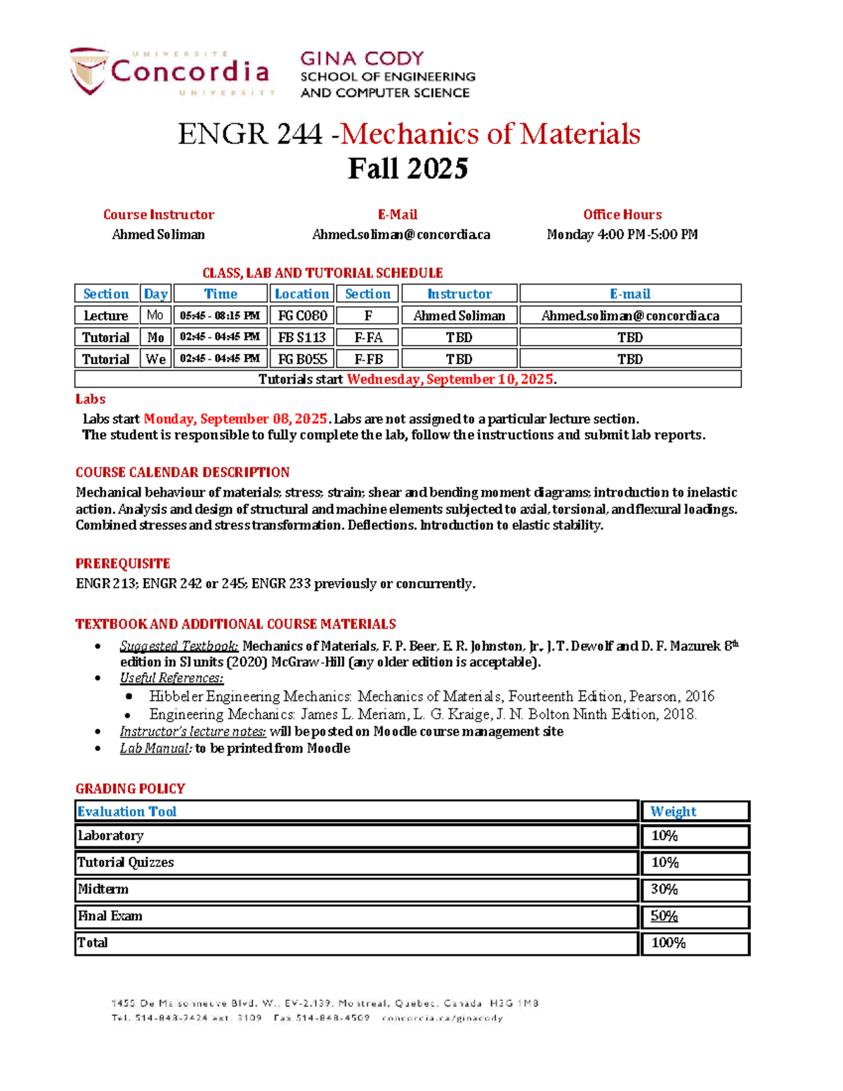 ENGR 244 Course Outline: Materials for Fall 2025 - Instructor Ahmed Soliman - Studocu