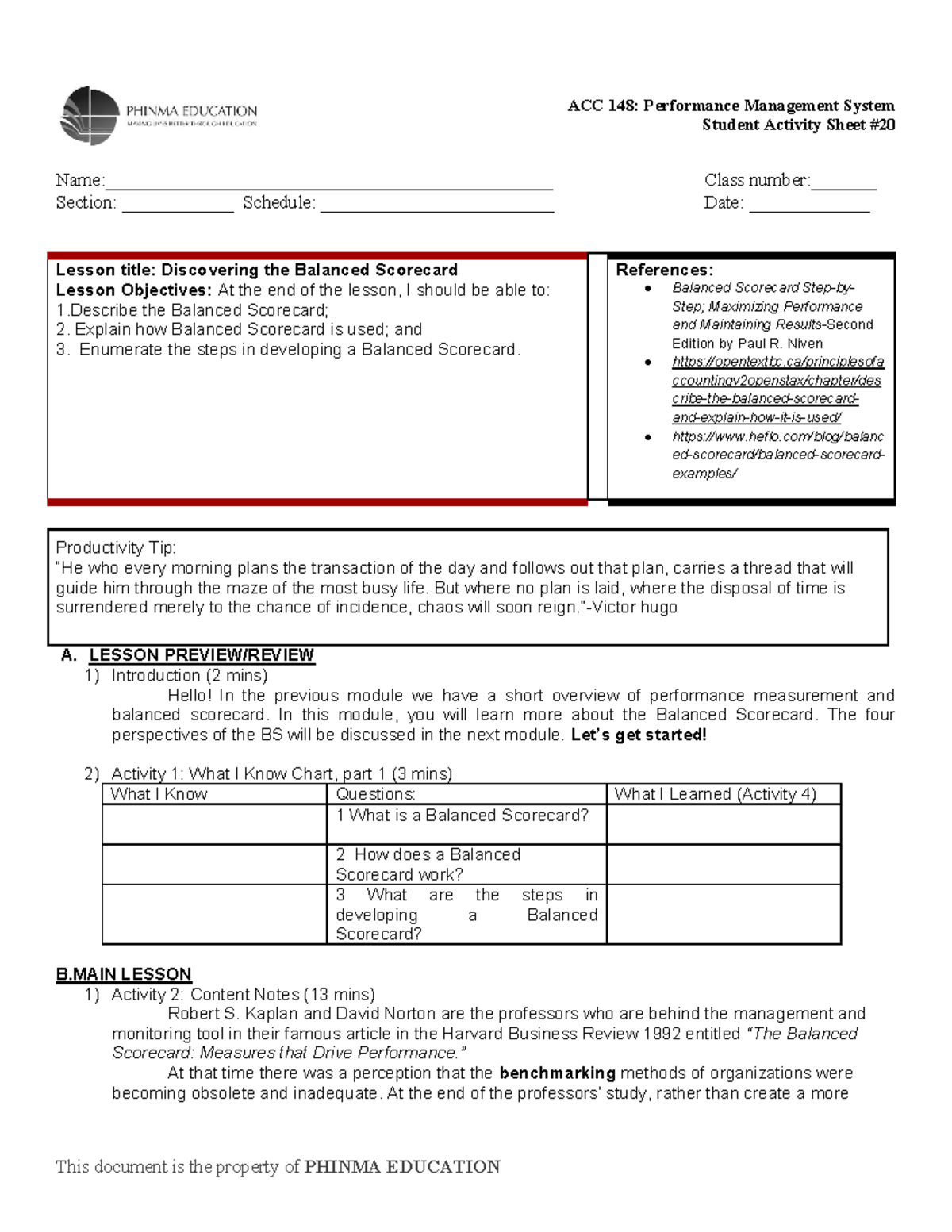 ACC 148: Discovering the Balanced Scorecard - Student Activity Sheet ...