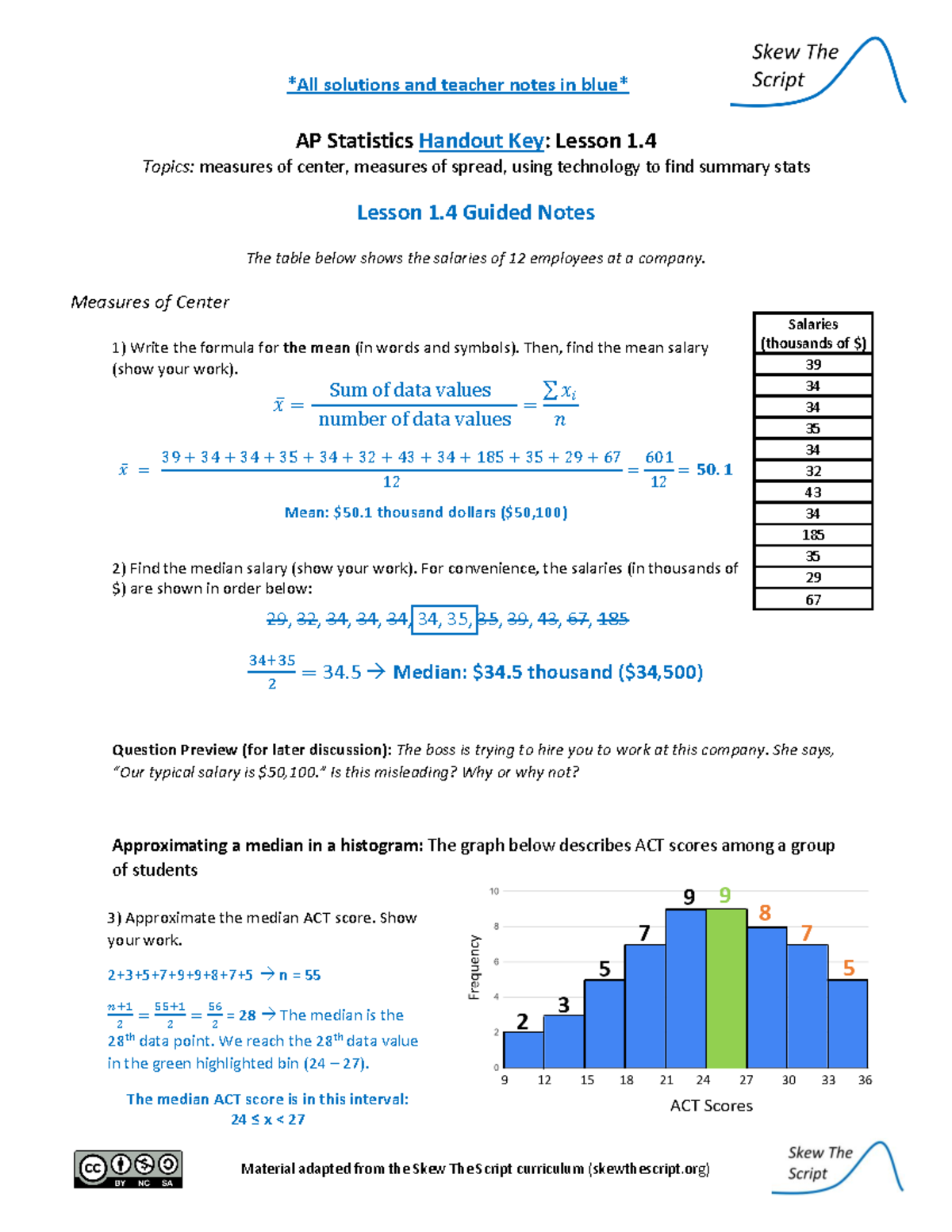 AP Statistics - STS 1232: Lesson 1.4 Guided Notes on Center & Spread ...