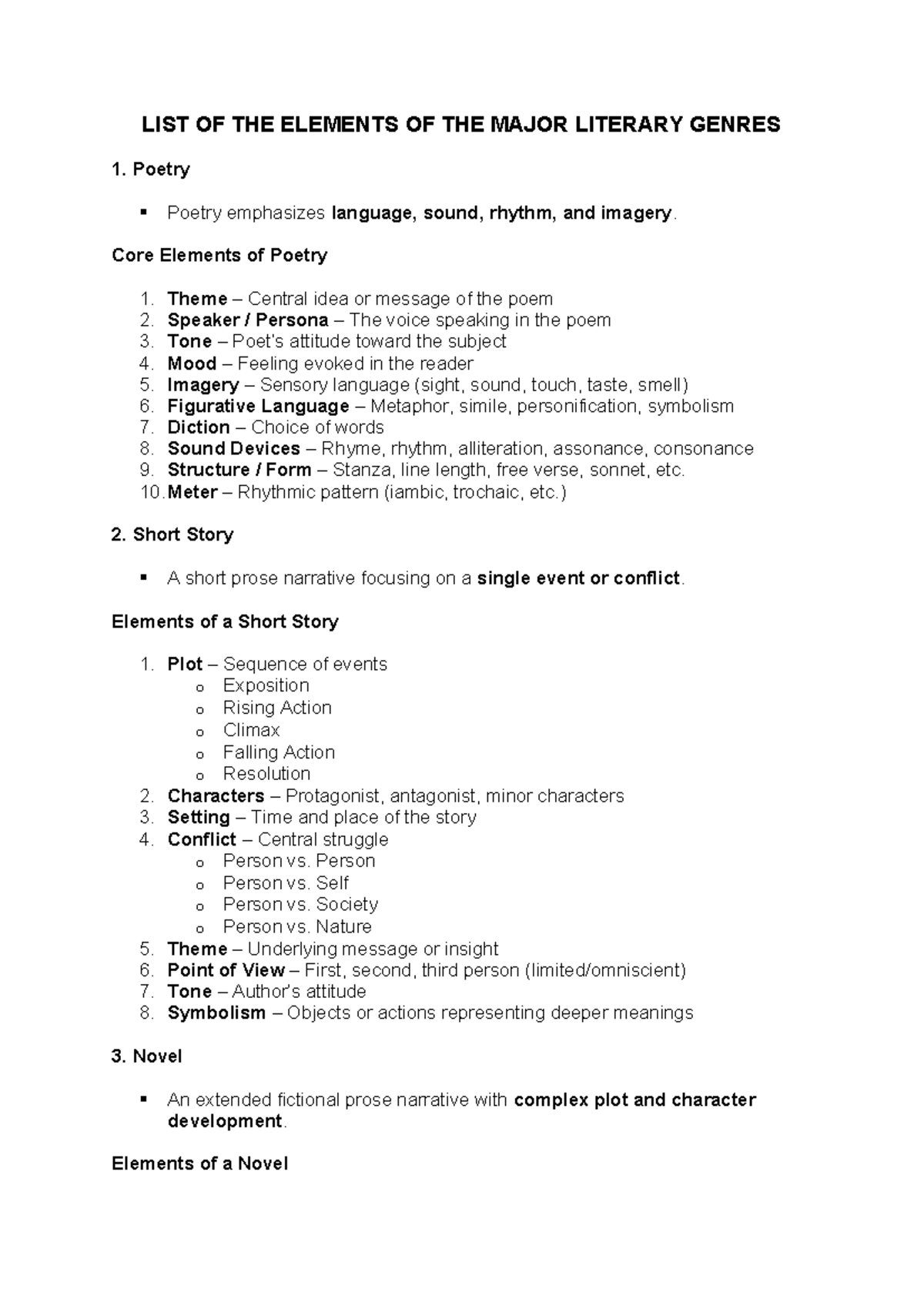 Literary Elements by Genre: A Comprehensive Overview - Studocu