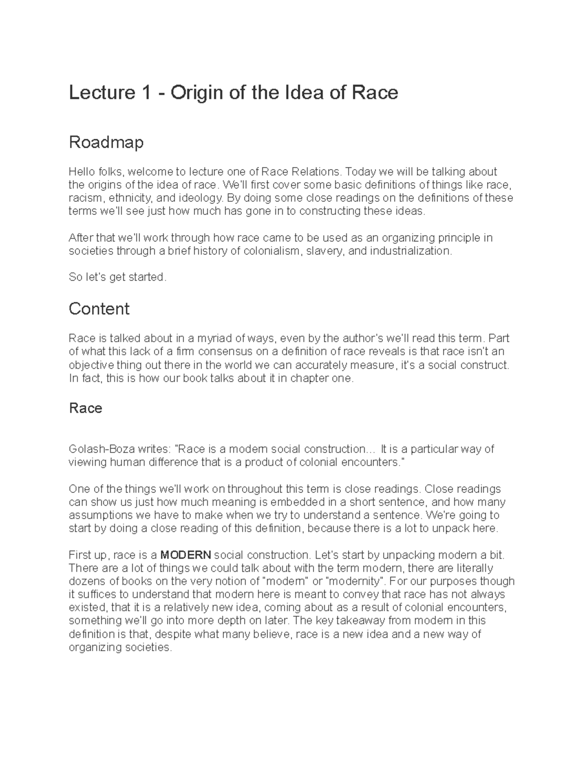 Lecture 1 - Origin of the Idea of Race - Today we will be talking about ...