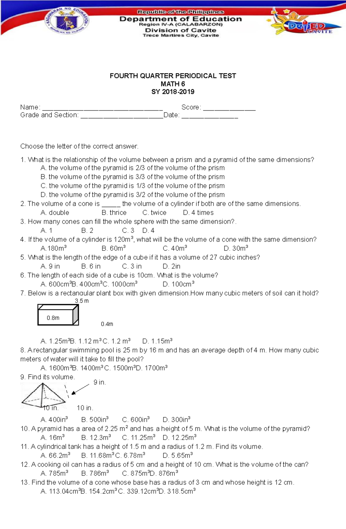 4TH PERIODICAL TEST MATH 6 SY 2018-2019 - Studocu