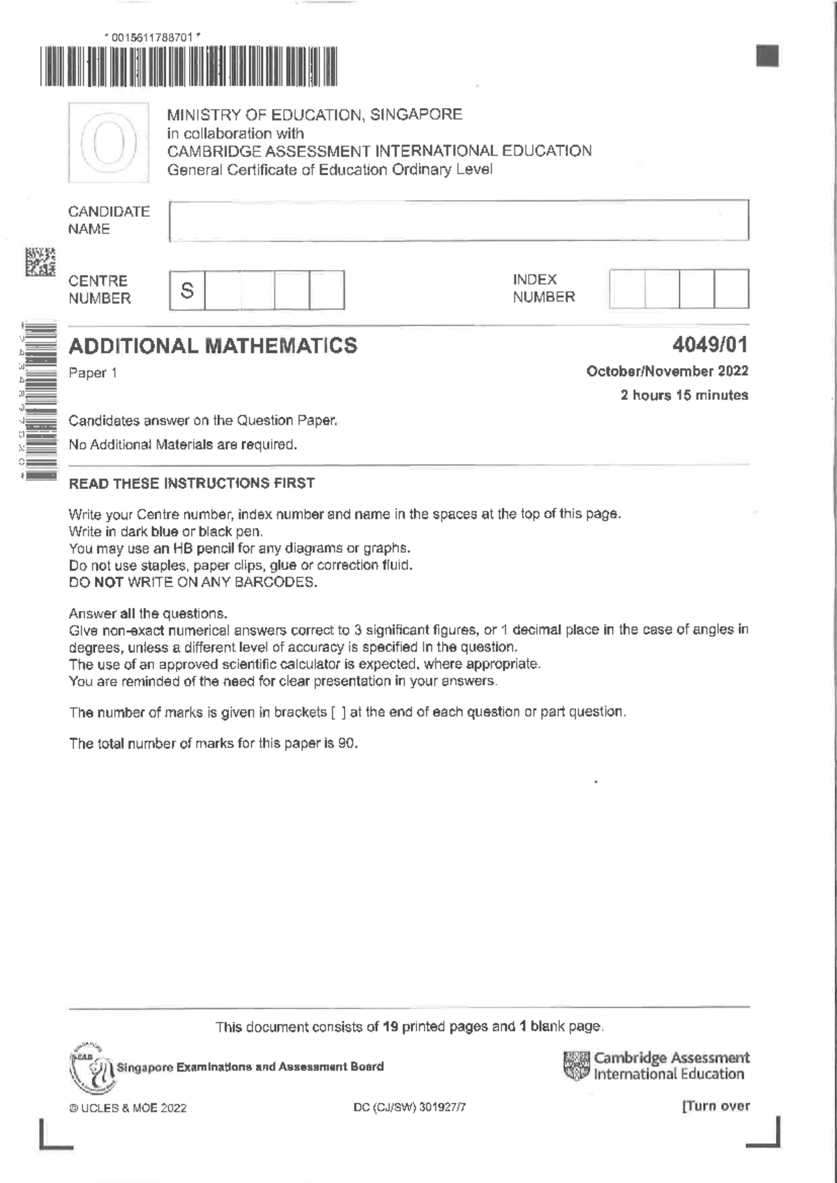2022 GCE O Level Additional Mathematics Paper 1 (0015611788701) - Studocu
