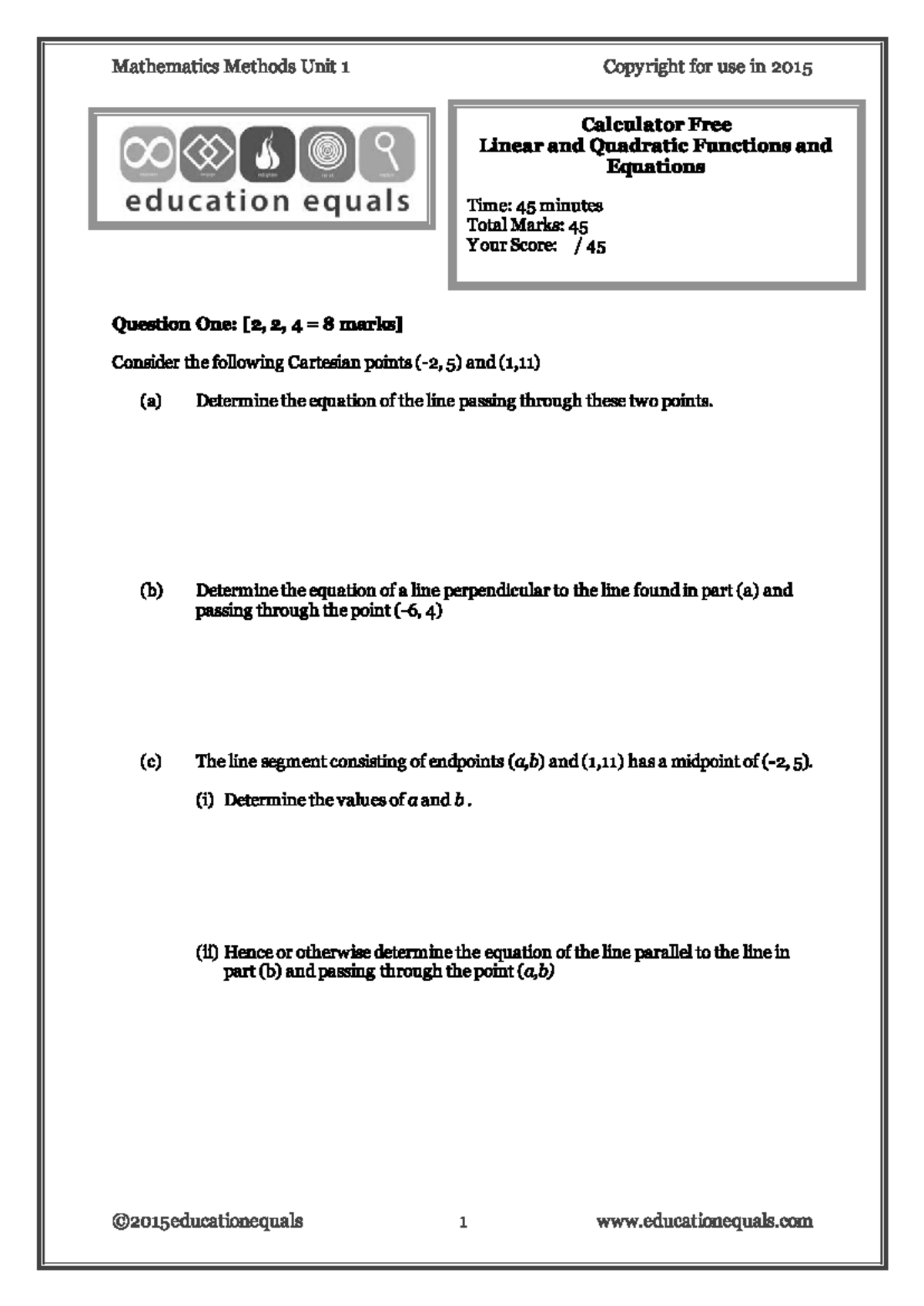 Mathematics Methods Unit 1: Linear & Quadratic Functions (Calc Free ...