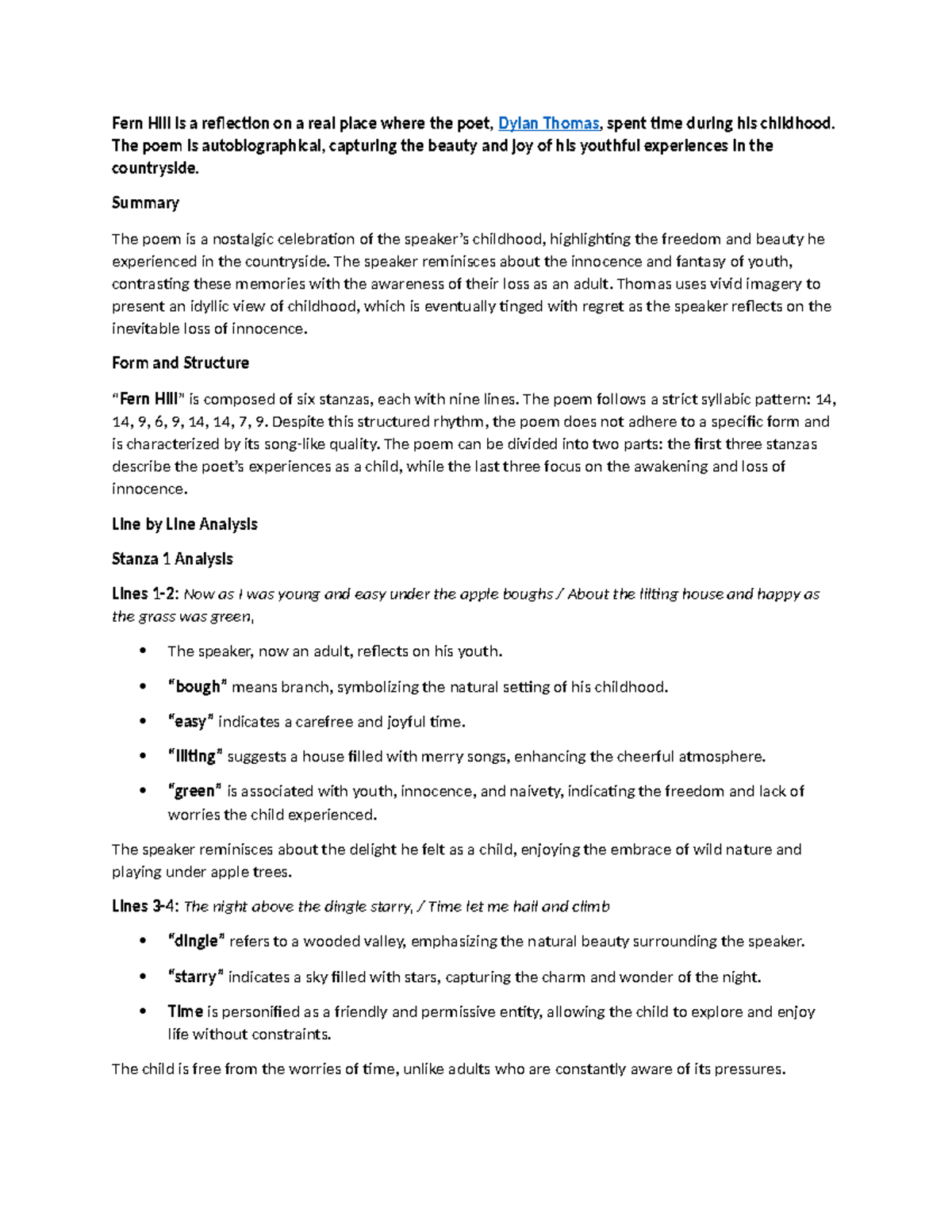 Fern Hill (ENG 101) - Poem Summary and In-Depth Analysis - Studocu