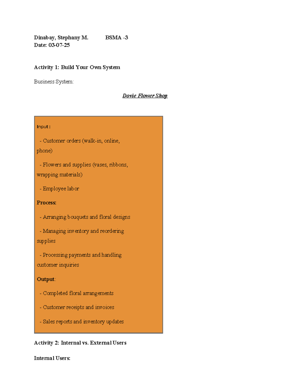 BSMA Activity 1: Building a Business System for Dovie Flower Shop - Studocu