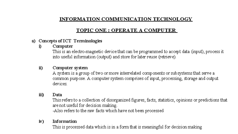 ICT 101: Operating a Computer - Concepts and Functions - Studocu