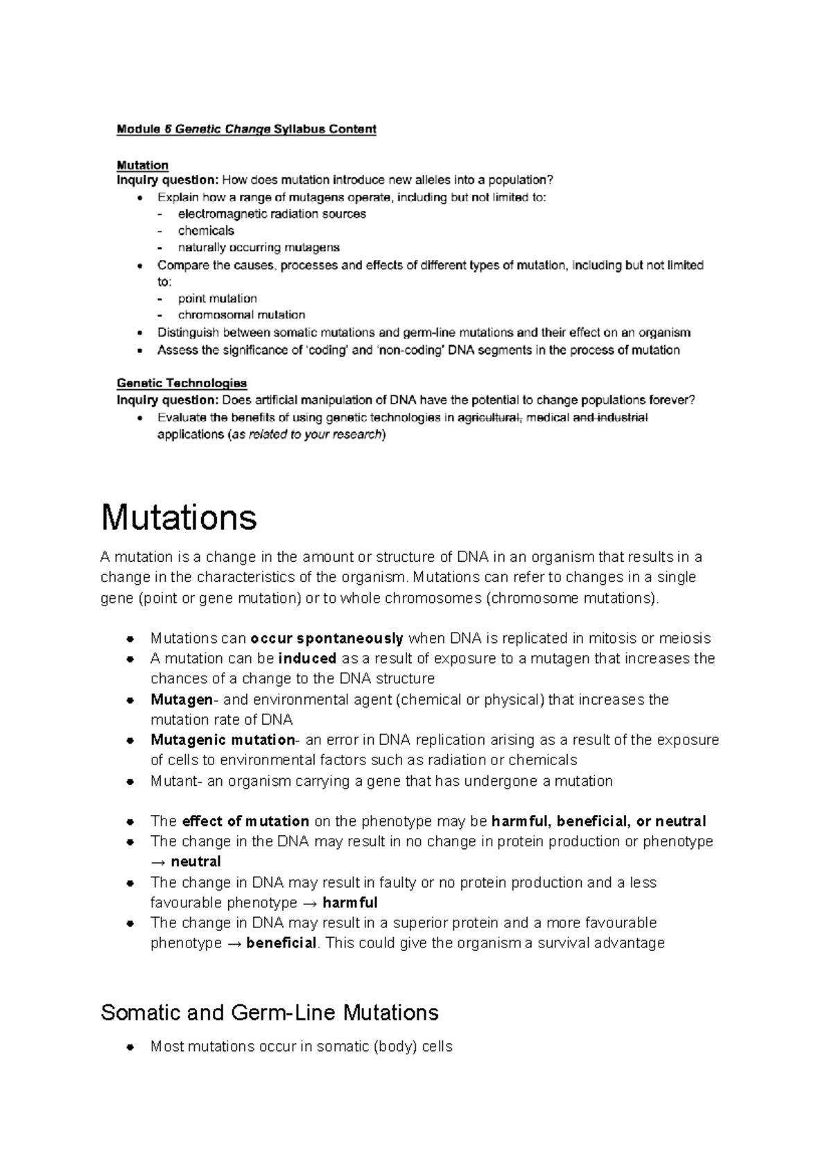 Bio Mod 5: Understanding Mutations and Their Effects - Studocu