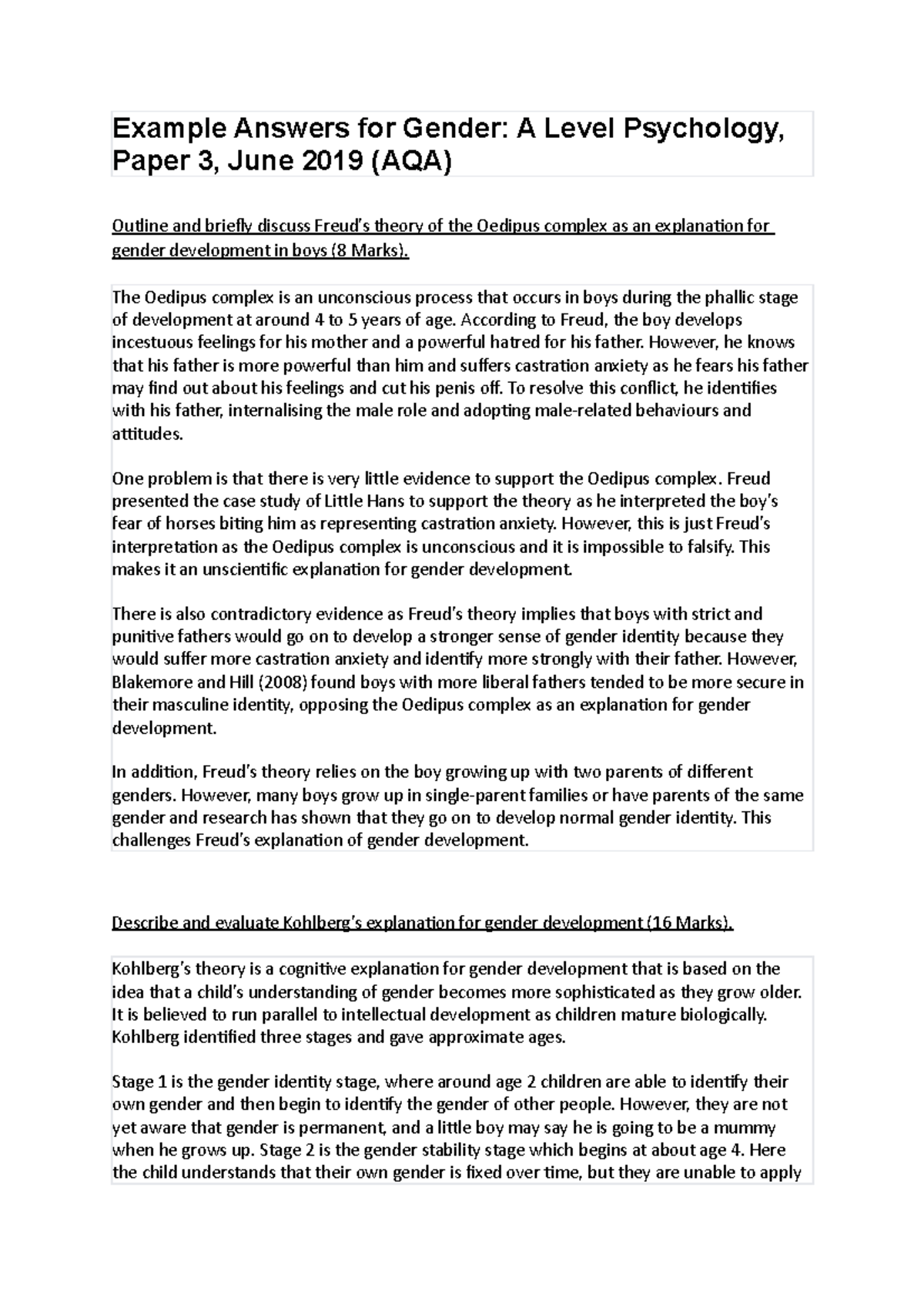 Example Answers on Freud & Kohlberg: Gender - A Level Psych, Paper 3 ...