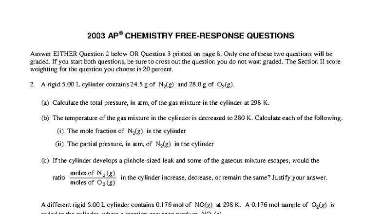 2003 AP Chemistry Free-Response: Gas Law Questions - Studocu