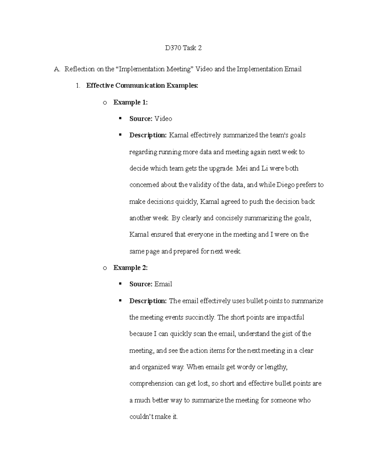 D370 Task 2 - Reflection on Effective Communication Strategies - Studocu