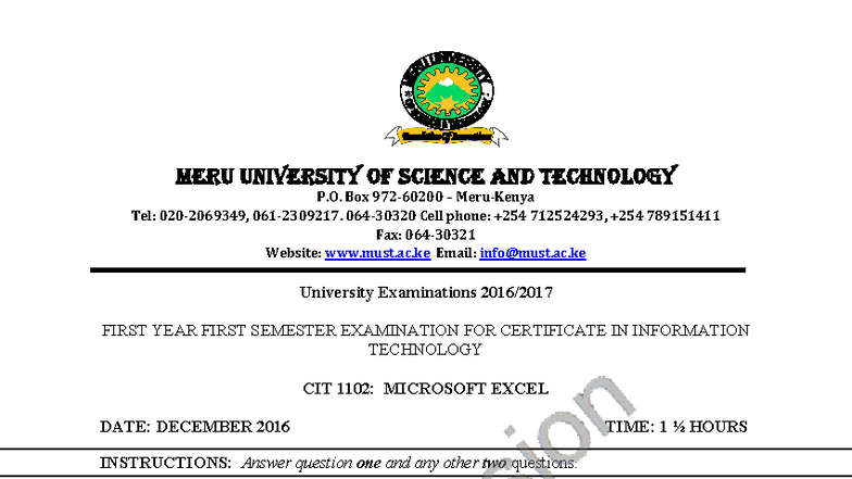 CIT 1102: Microsoft Excel Final Exam Study Guide - Studocu