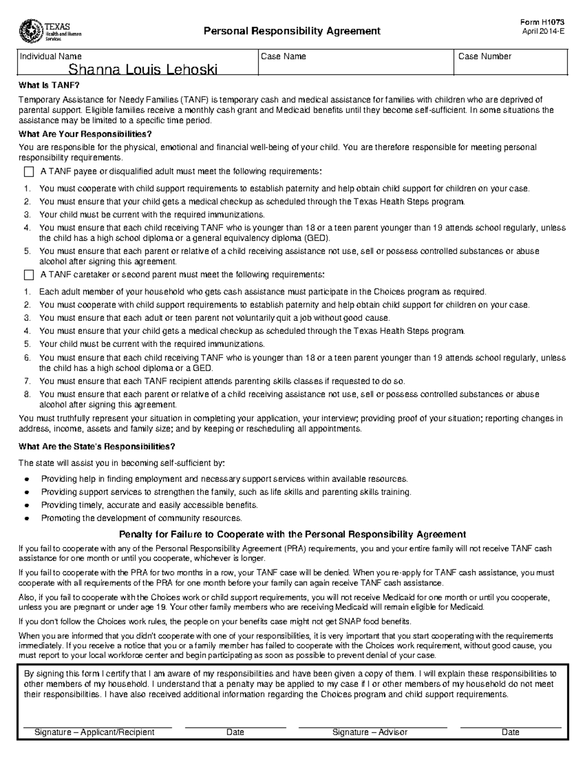 H1073: Personal Responsibility Agreement & TANF Overview 2014-E - Studocu