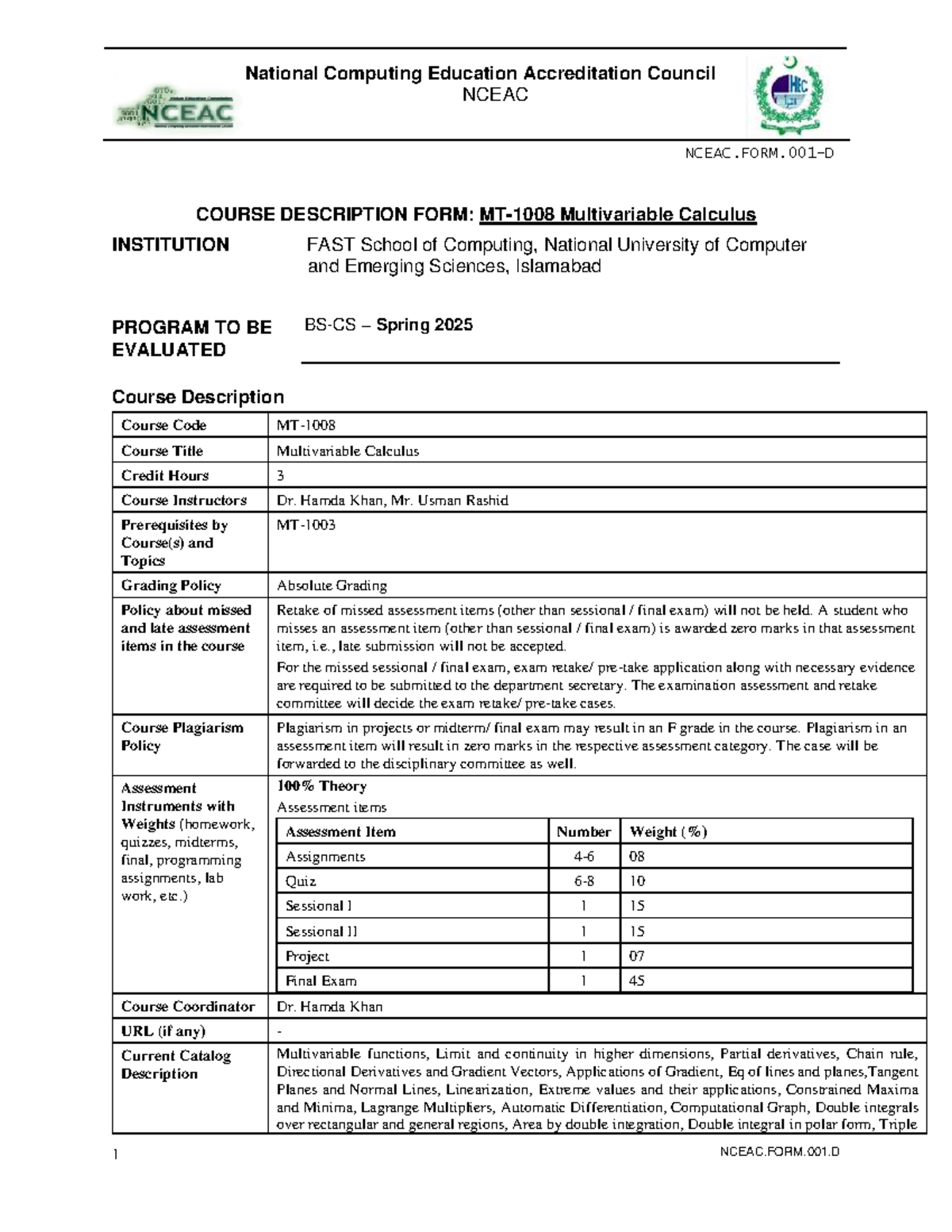 MT-1008 Multivariable Calculus Course Description & Weekly Plan ...