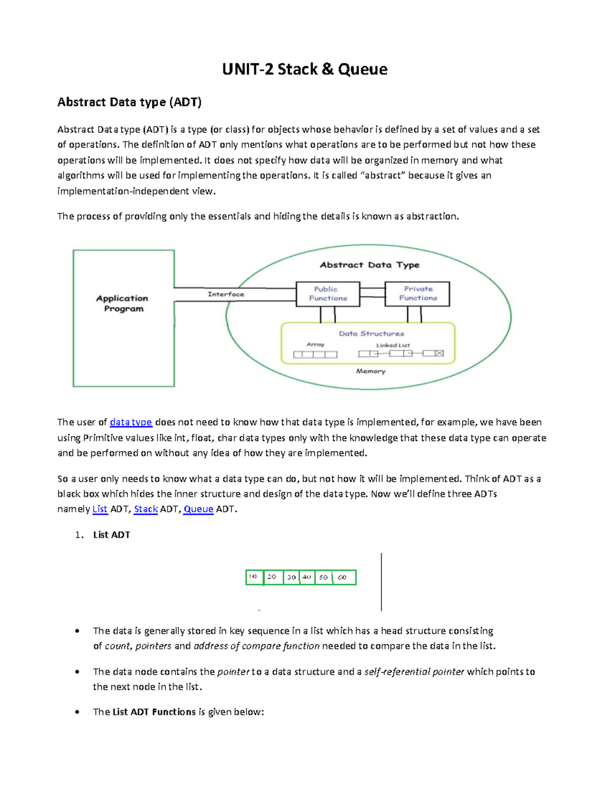 Data Structure UNIT-2: Stack and Queue ADTs Overview - Studocu