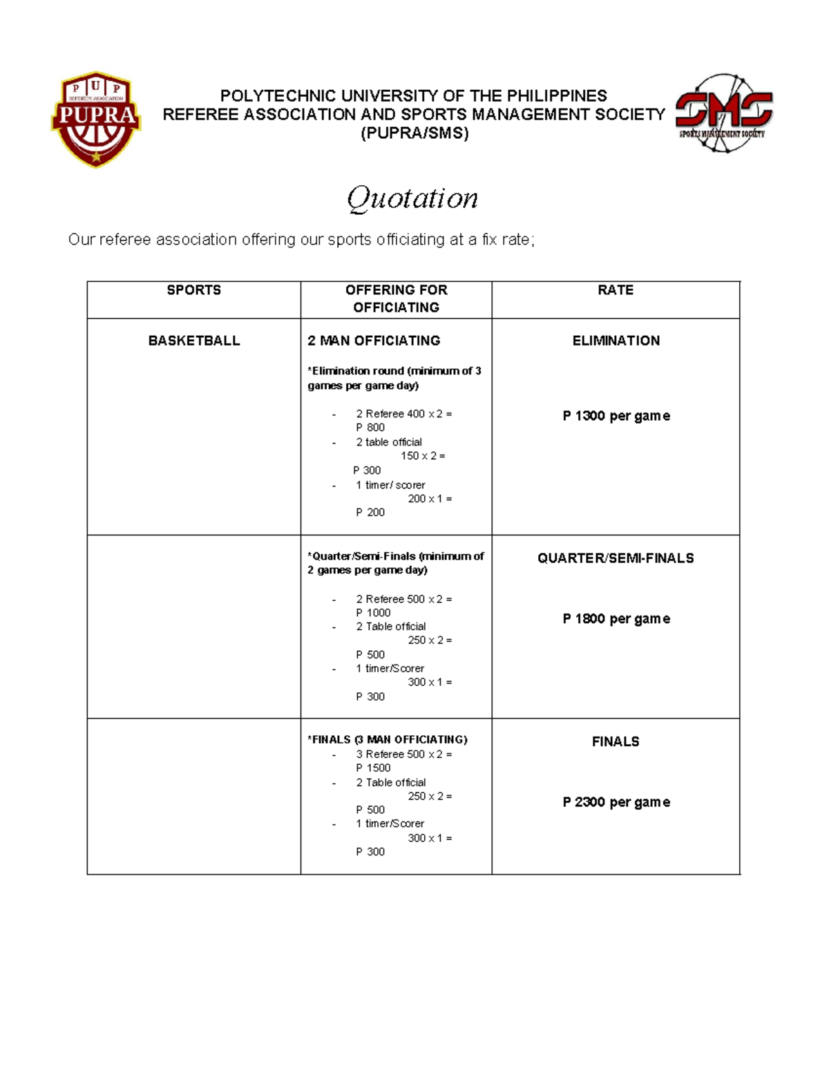 PUP Referee Association Sports Officiating Quotation for Basketball ...