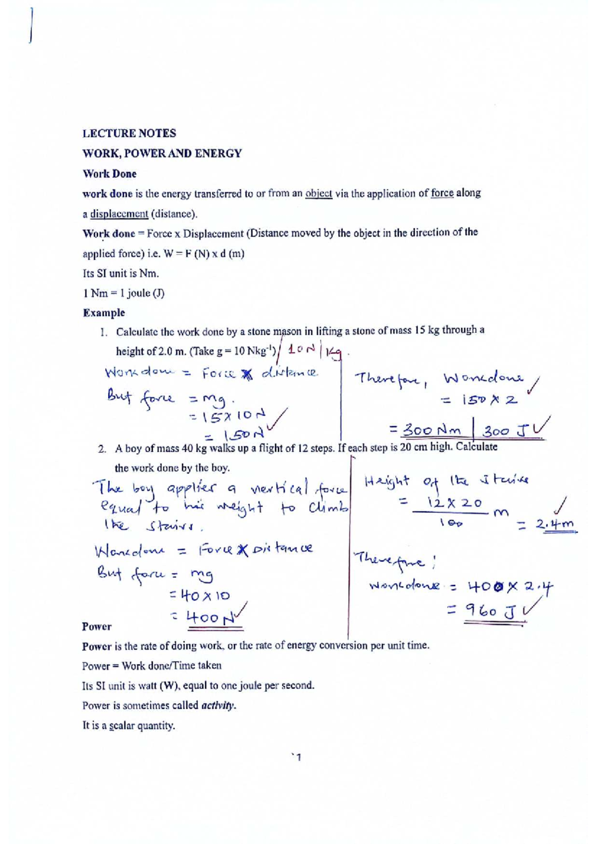 LECTURE NOTES: WORK, POWER, AND ENERGY (Level C) - Studocu