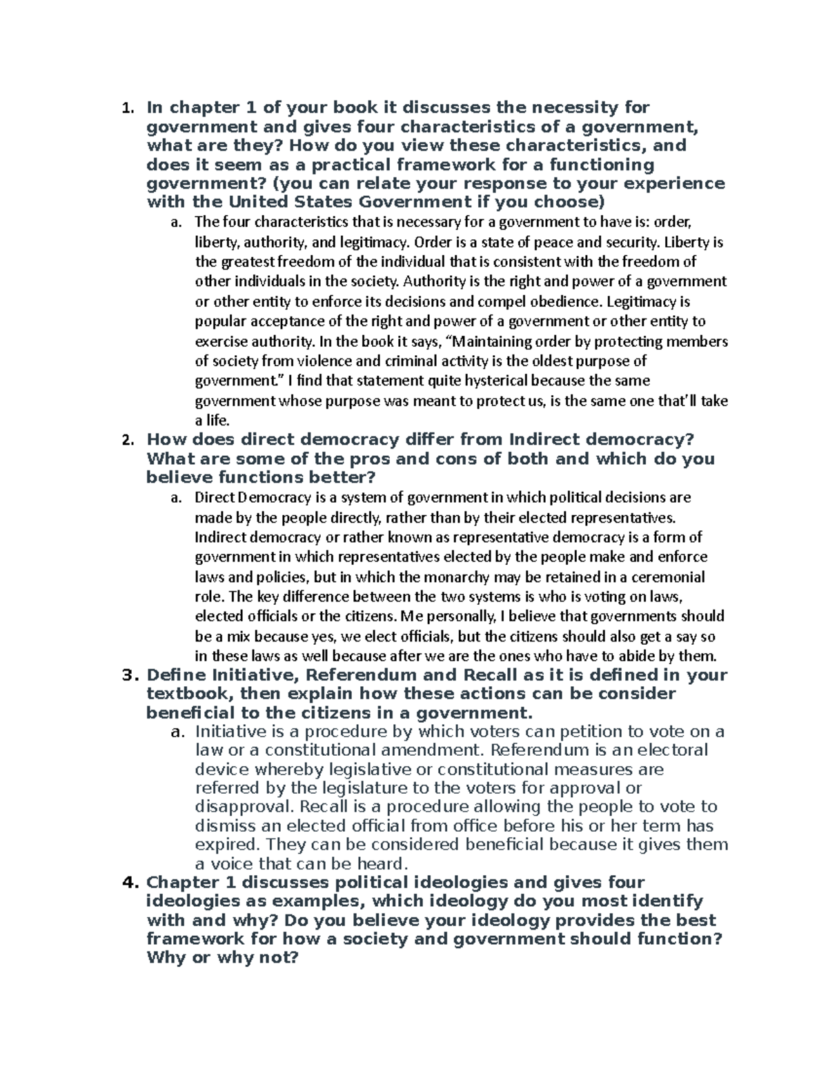 Chapter 1 Critical Thinking Assignment: Government Characteristics ...