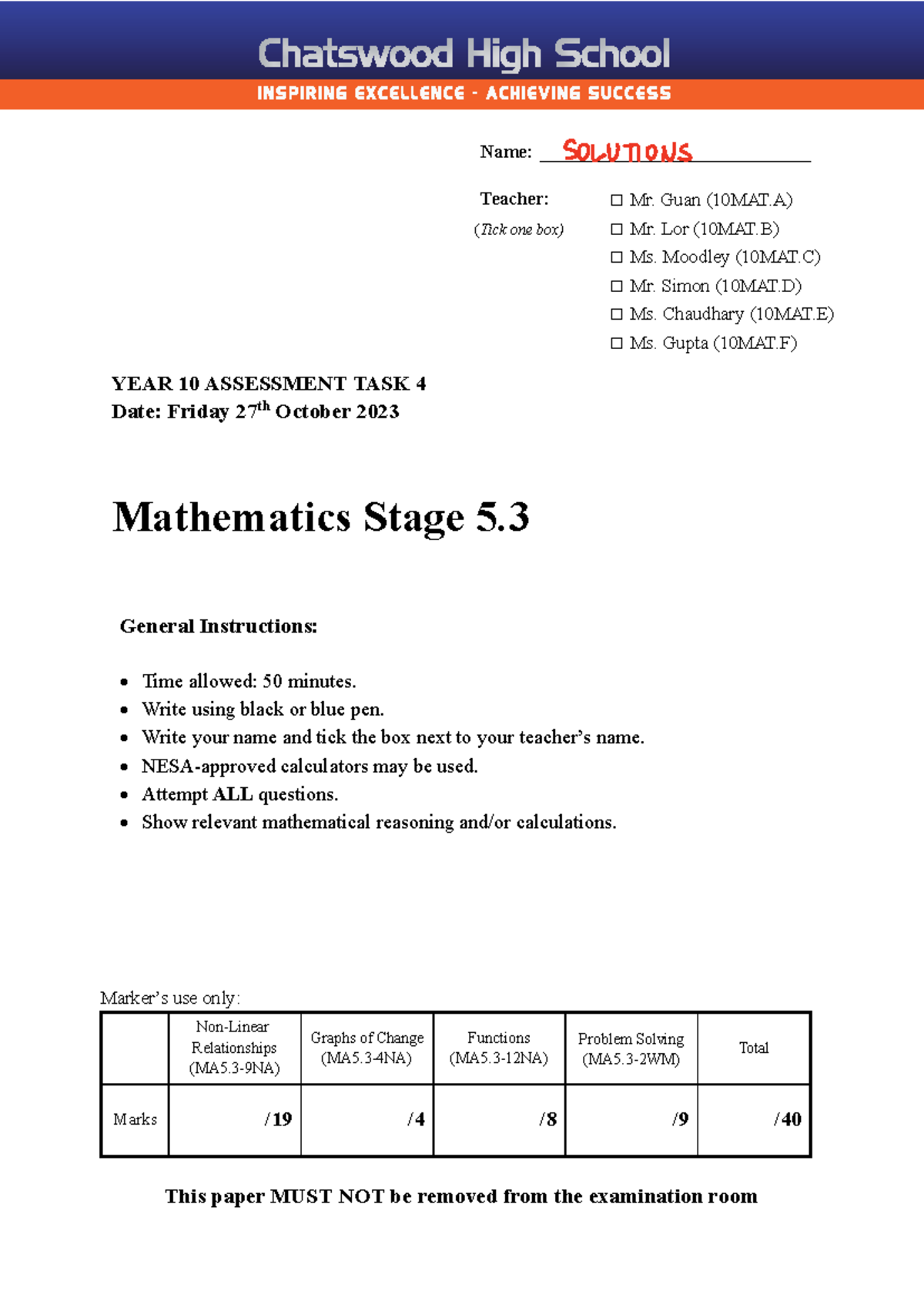 YEAR 10 MATHEMATICS ASSESSMENT TASK 4 - OCTOBER 2023 - Studocu