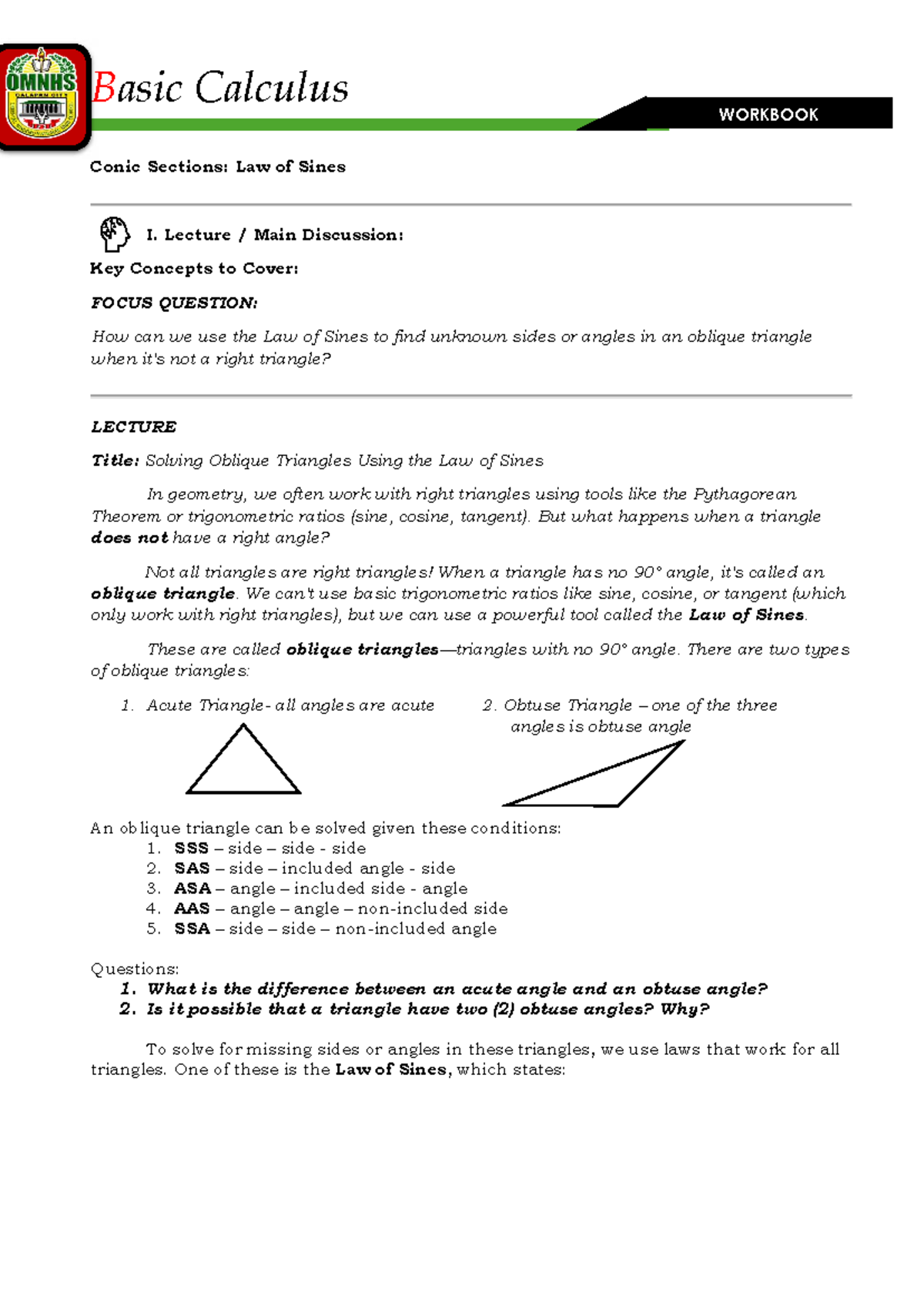 Basic Calculus WORKBOOK: Law of Sines for Oblique Triangles - Studocu