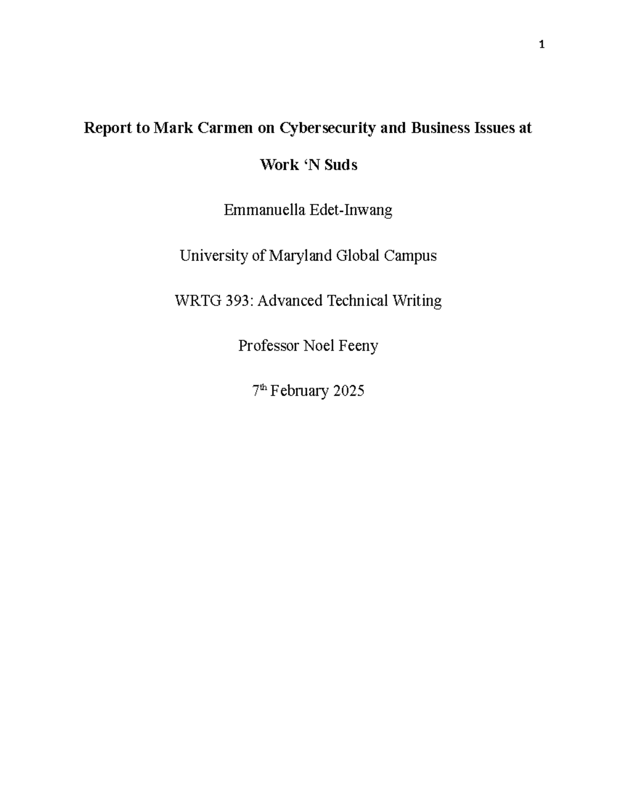 WRTG 393: Cybersecurity Risks & Solutions Report for Work Suds - Studocu