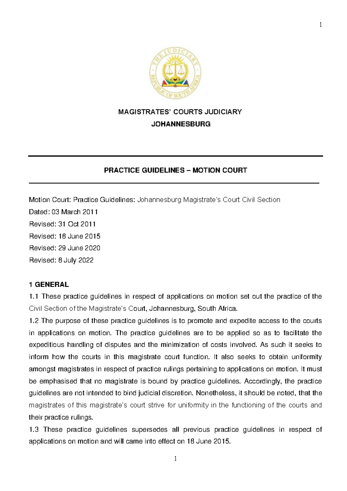 Johannesburg Magistrate's Court Motion Practice Guidelines (2022) - Studocu