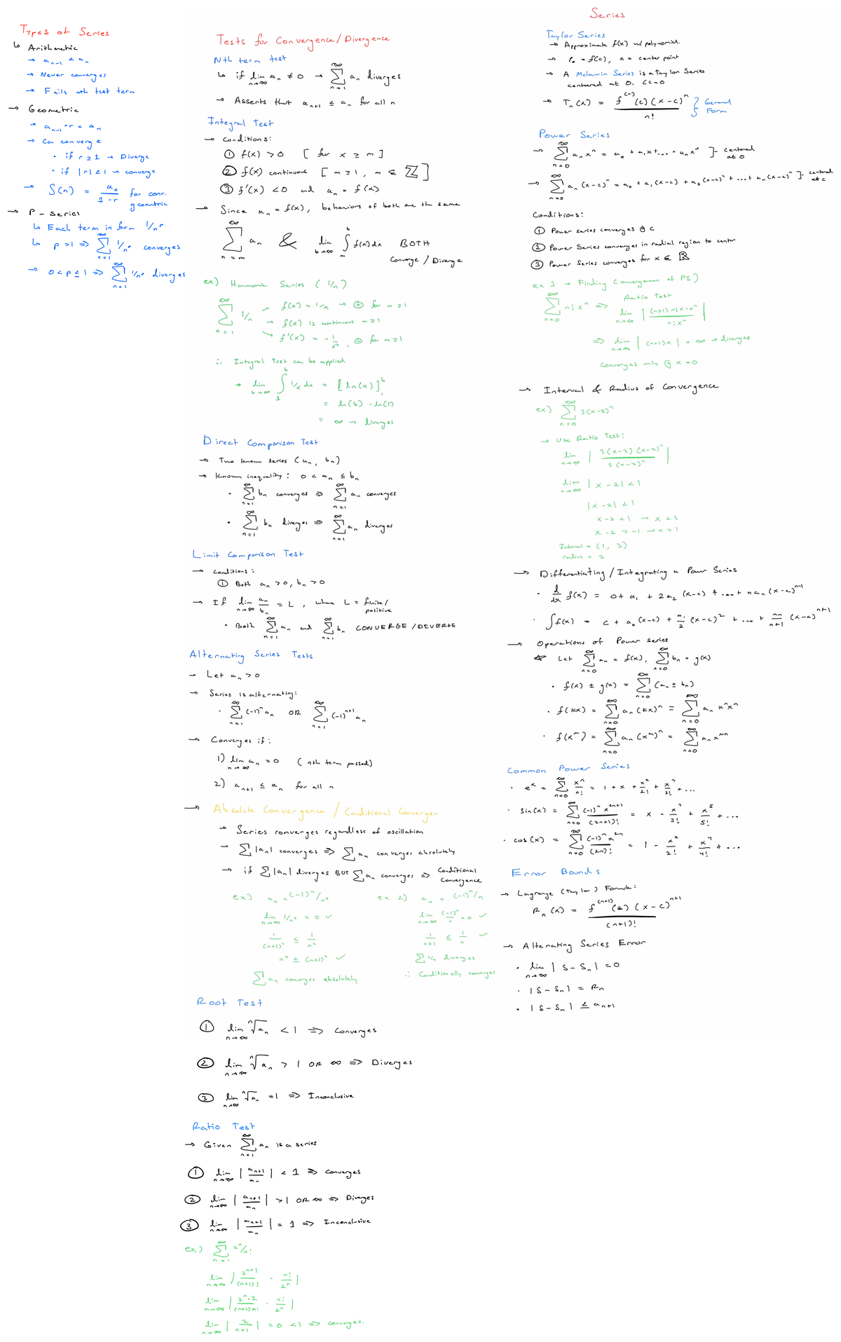 Series Notes: Types of Series and Convergence Tests for Calculus - Studocu