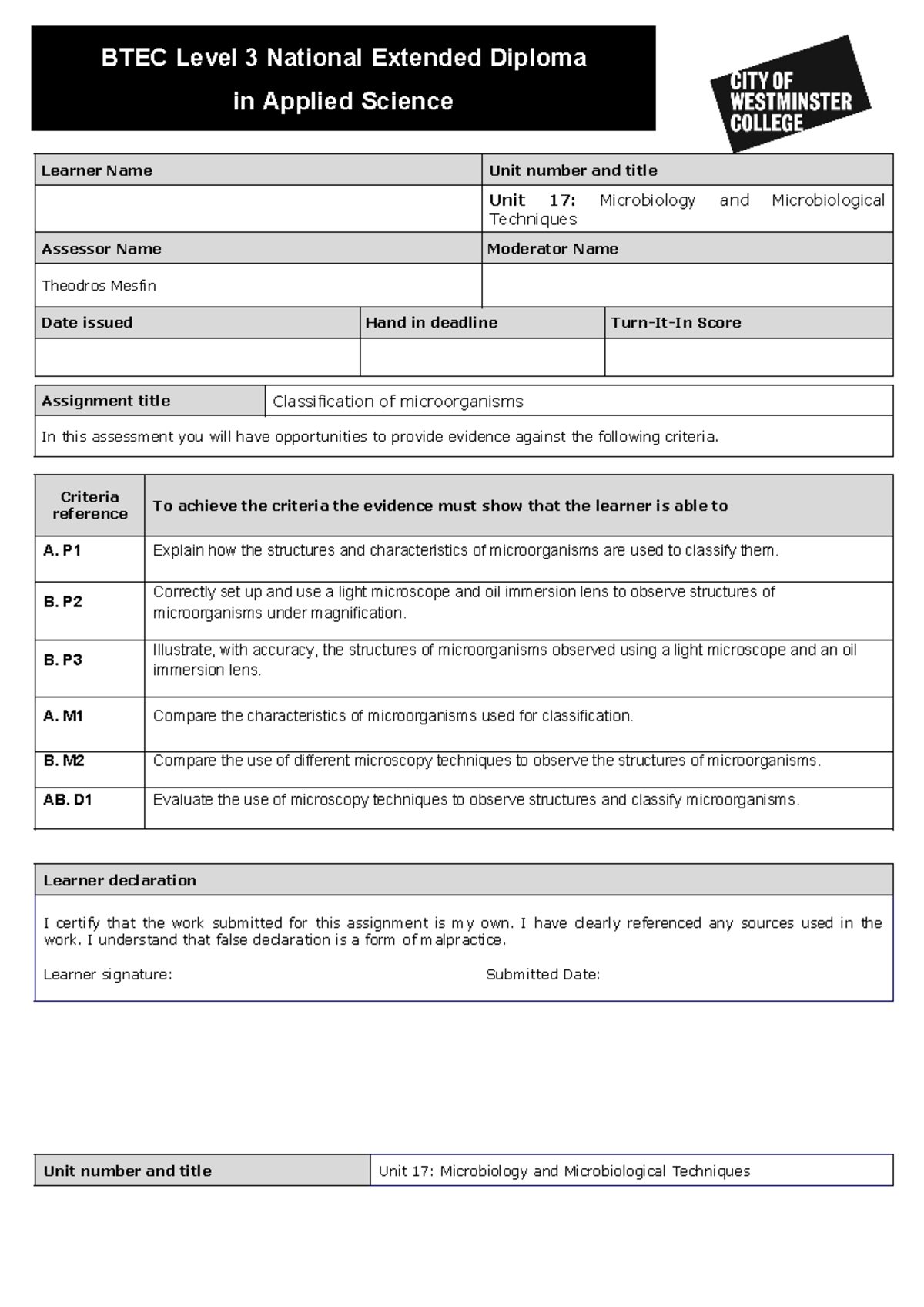 Unit 17 Assignment 1: Classification of Microorganisms and Microscopy Techniques - Studocu