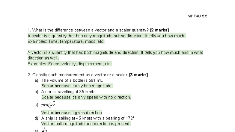 MHF4U 5.5 Vector vs Scalar Quantities: Definitions & Examples - Studocu