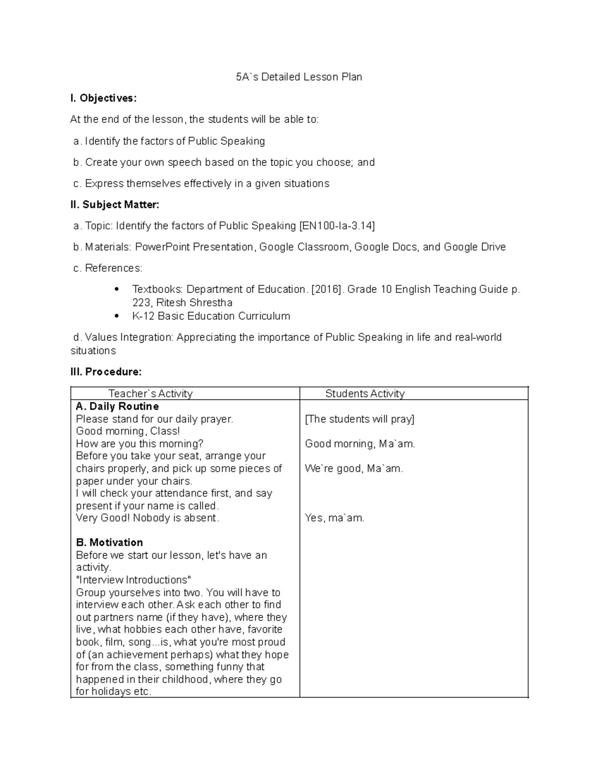 DLP: Factors of Public Speaking [EN100-Ia-3.14] Detailed Lesson Plan ...