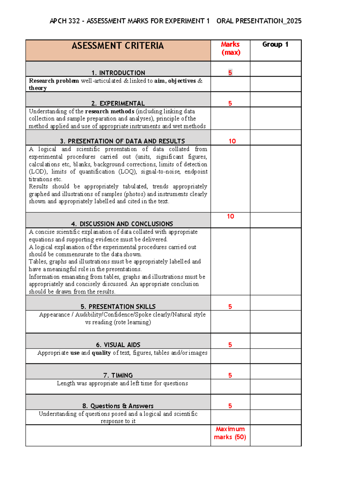 APCH 332 Experiment 1 Oral Presentation Assessment Criteria 2025 - Studocu