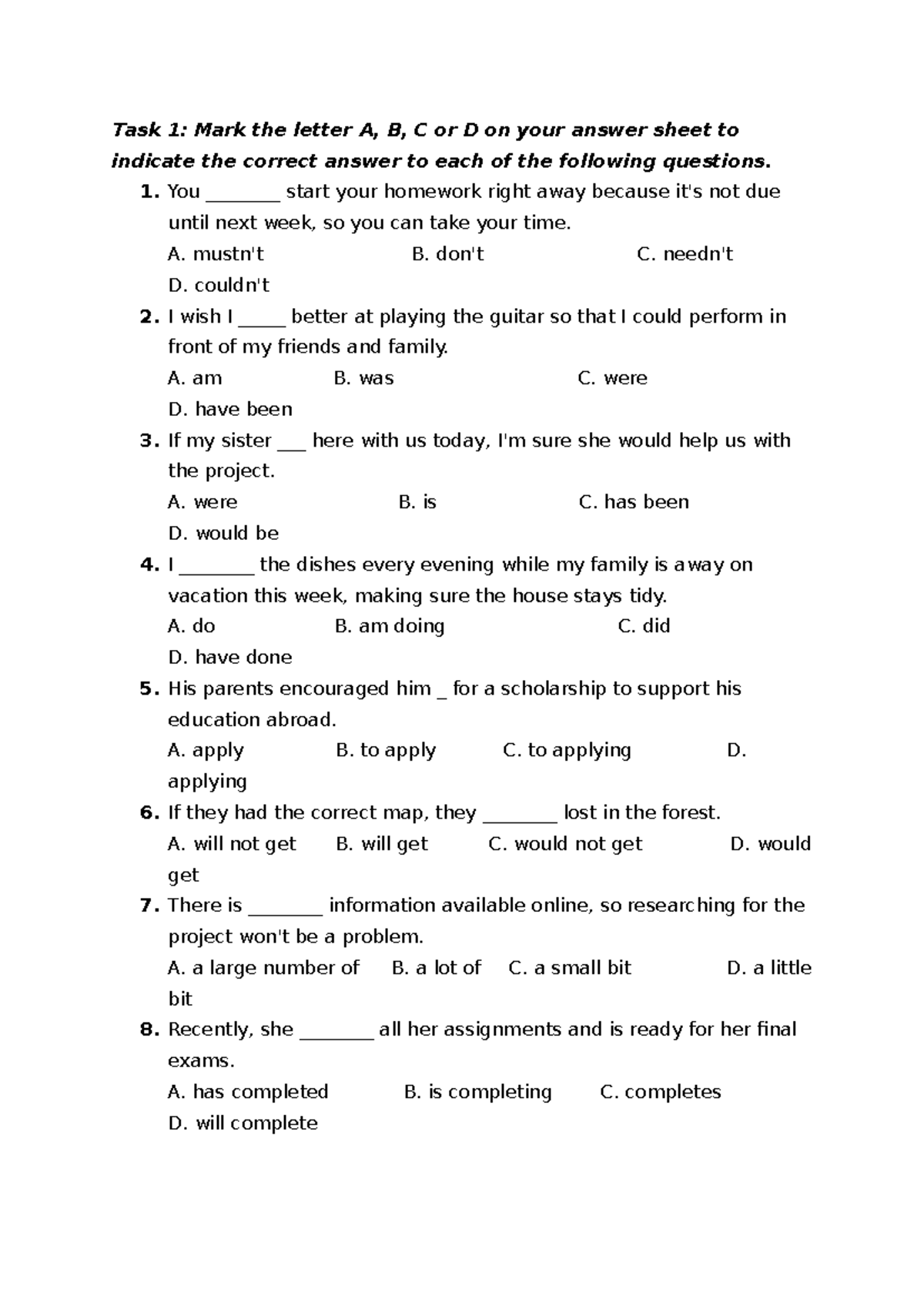 Task 1: Multiple Choice Questions for English Language Proficiency (ENG ...