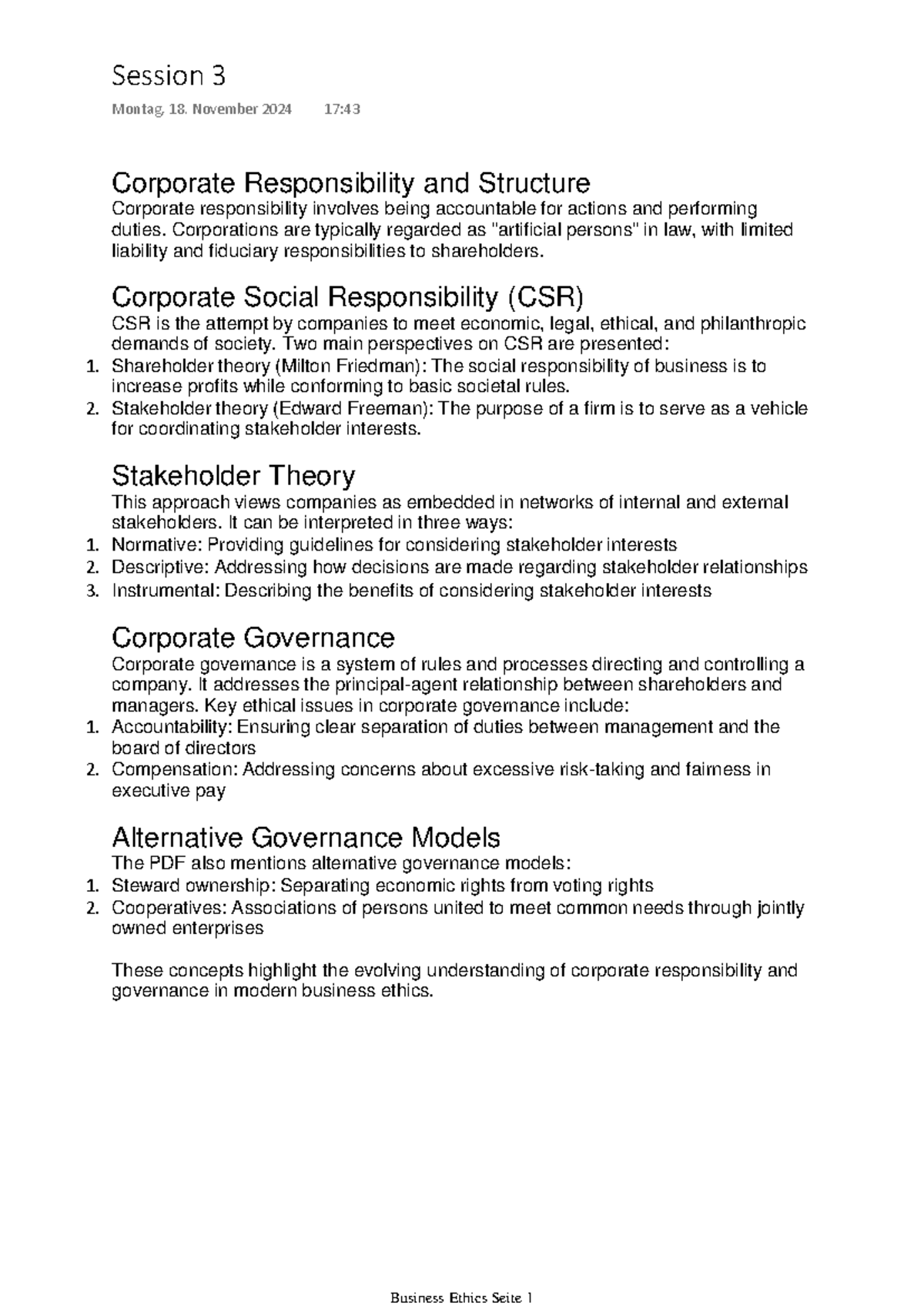 Corporate responsibility and governance - session 3 notes - Studocu