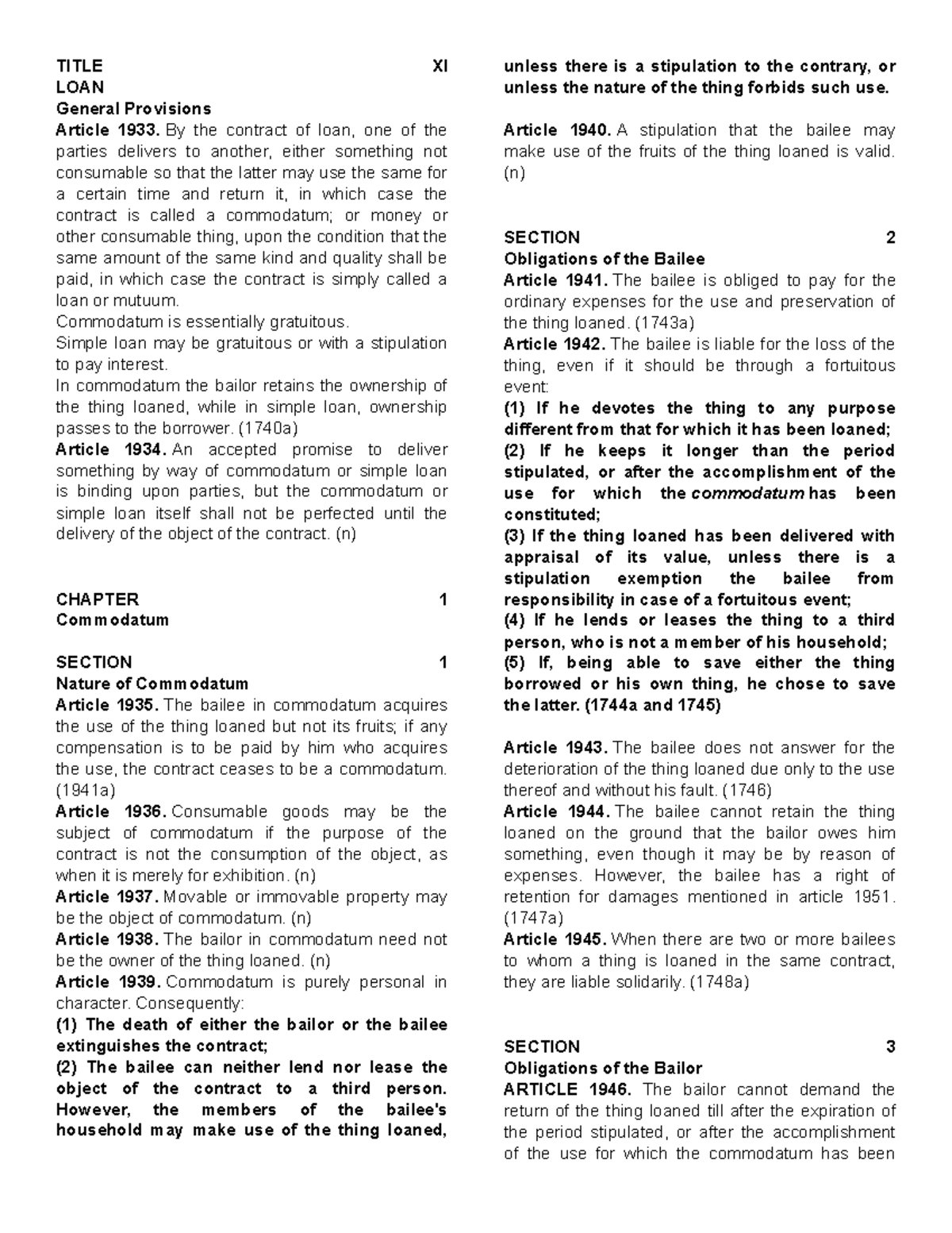 New civil code Article 1933 to 1961 credits law - TITLE XI LOAN General ...
