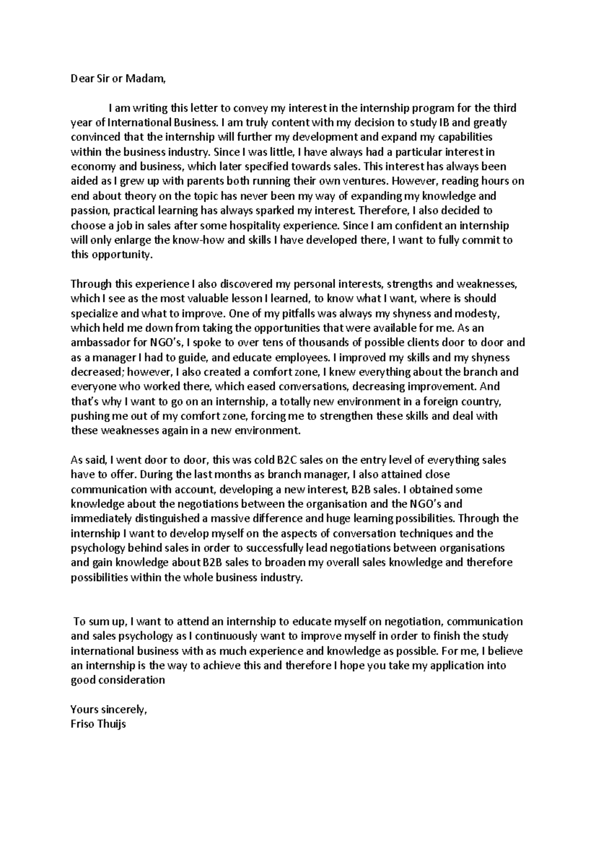 Motivational Letter for IB Internship Application - Studeersnel