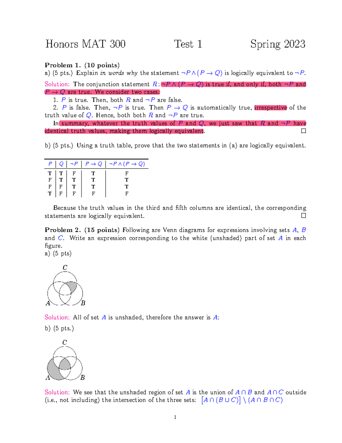 Honors MAT 300 Practice Test 1 Solutions - Spring 2023 - Studocu